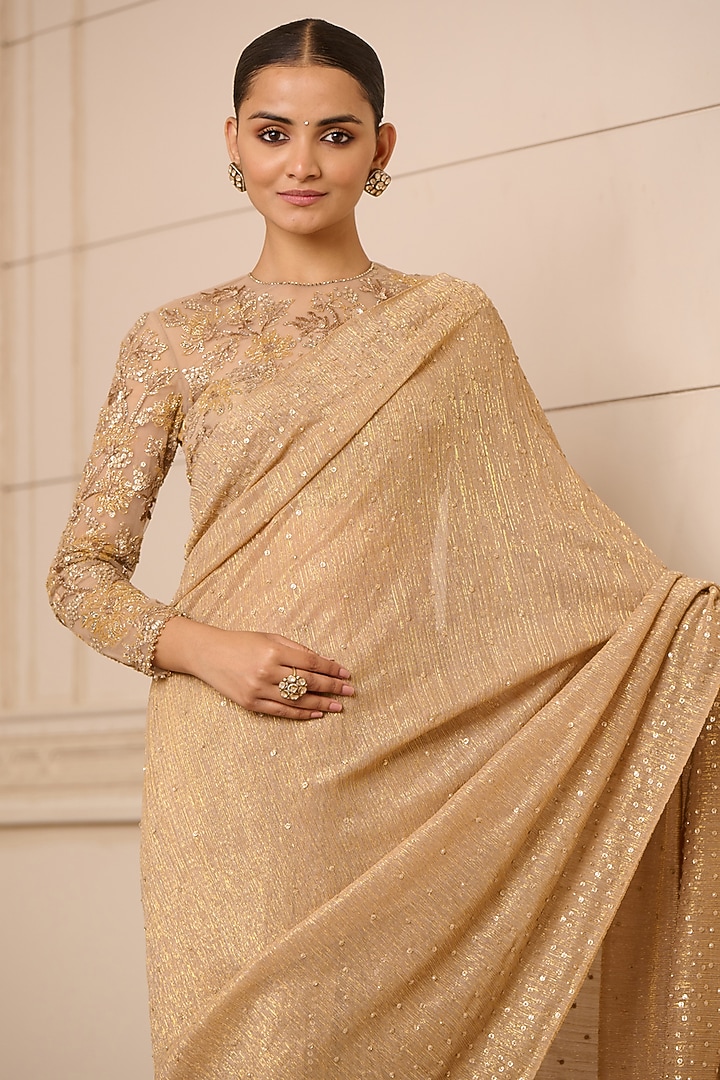 Champagne Gold Crinkled Hand Embroidered Saree Set by Tarun Tahiliani ...