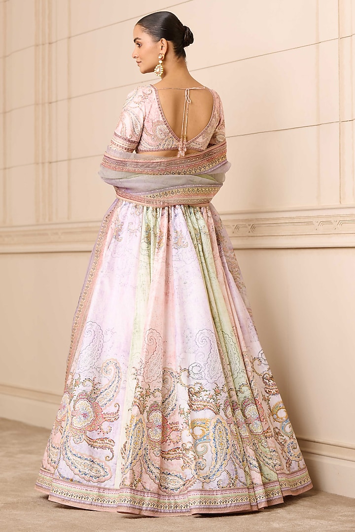 Multi Colored Chinese Dupion Printed Bridal Lehenga Set By Tarun