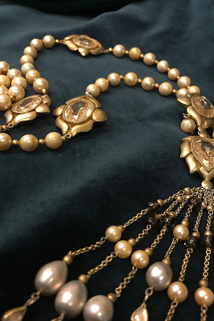 Gold Finish Long Mala Necklace In Sterling Silver Design by Tarun ...
