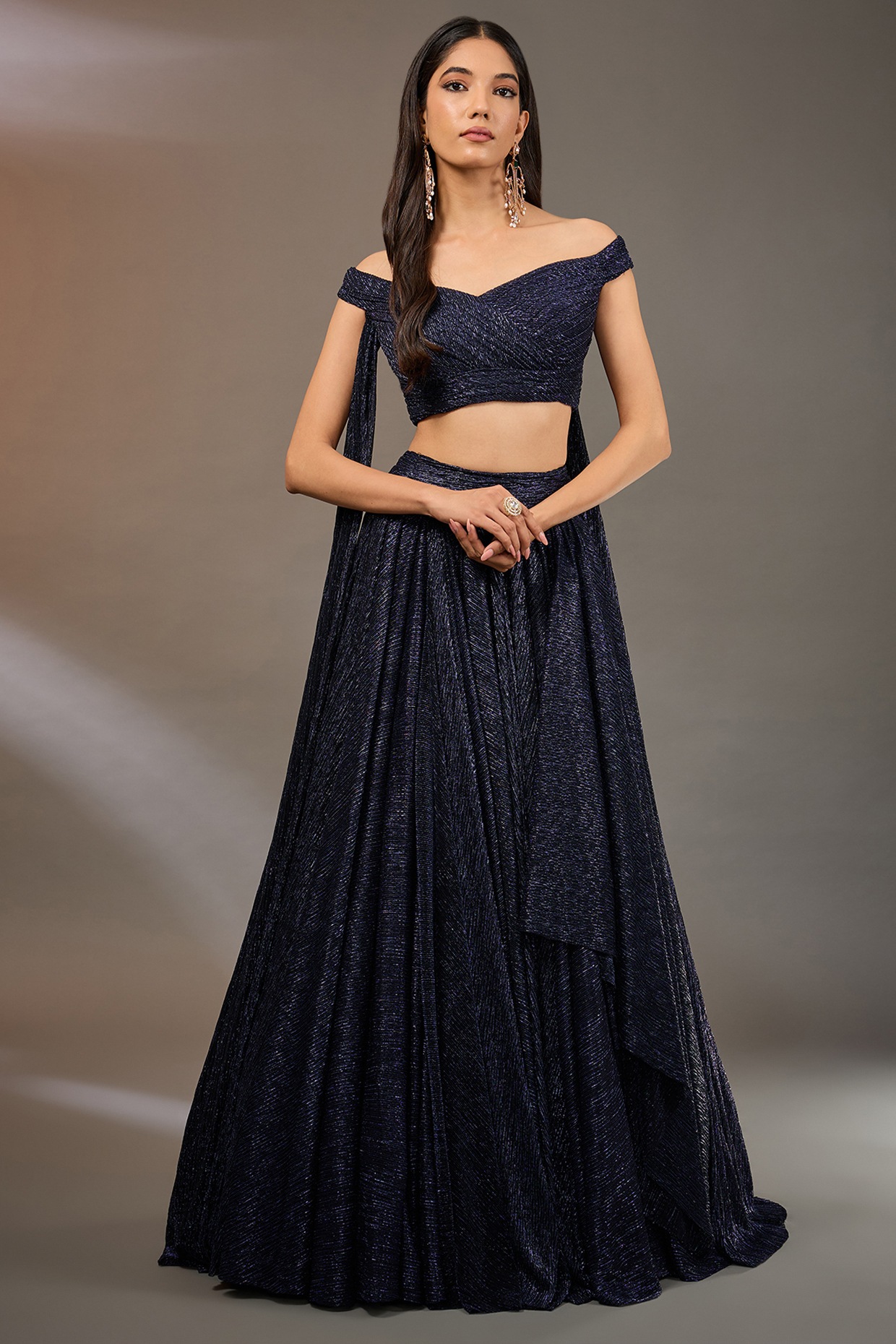 Midnight Blue Crinkle Draped Bridal Lehenga Set by Tarun Tahiliani at ...