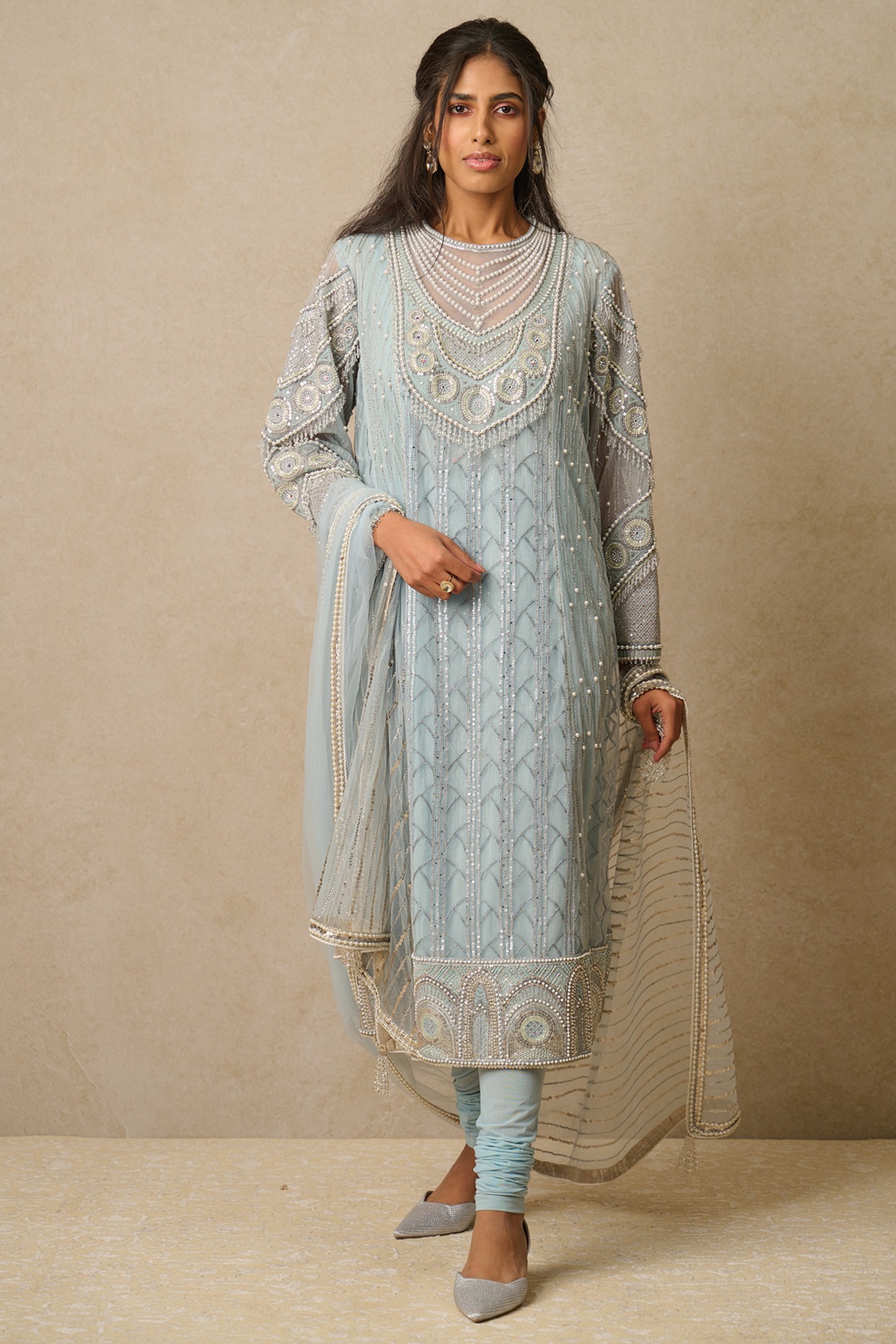 Powder Blue Tulle Embellished Kurta Set by Tarun Tahiliani at Pernia's ...