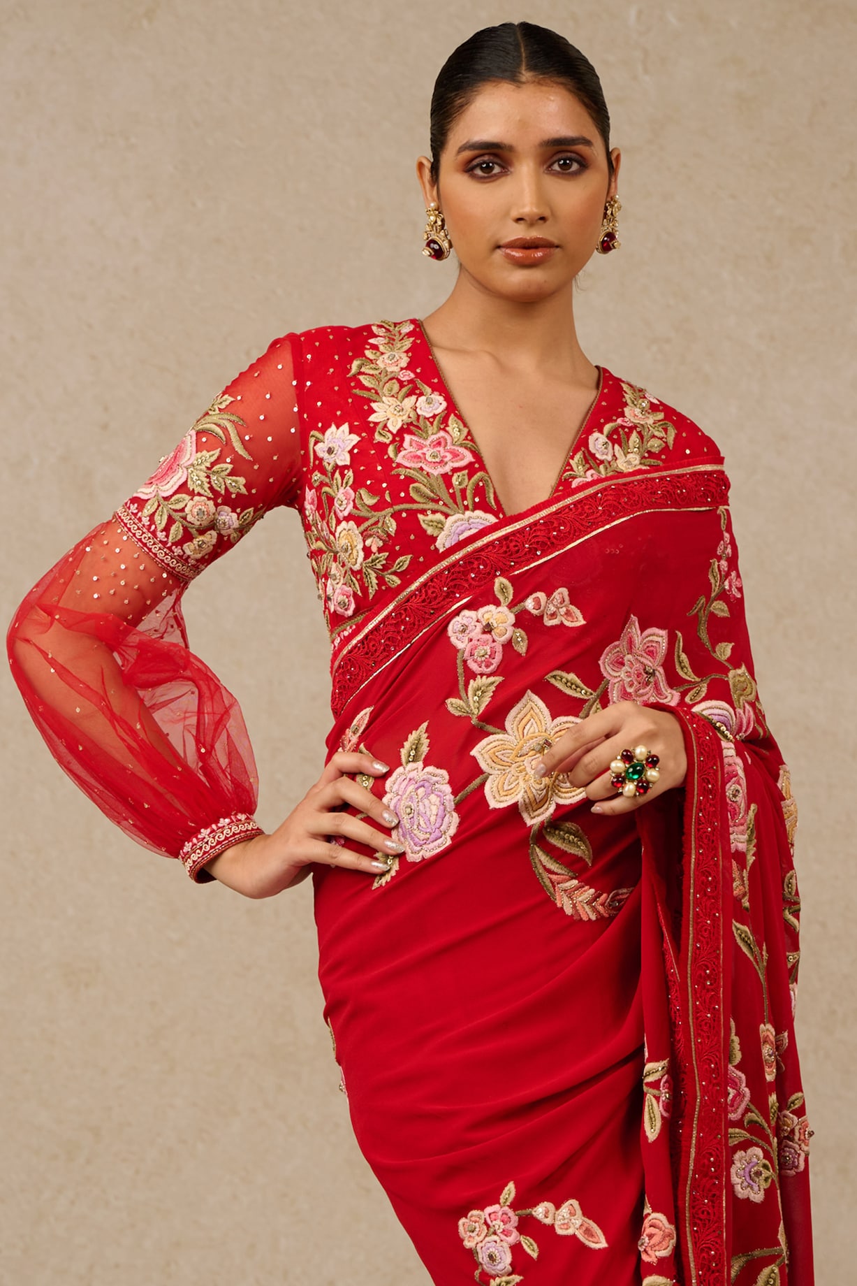 Red Silk Georgette Gara Embroidered Saree Set by Tarun Tahiliani at ...