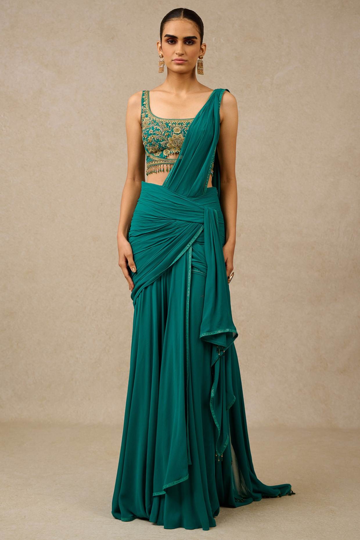 Teal Silk Georgette Pre-Draped Saree Set by Tarun Tahiliani at Pernia's ...