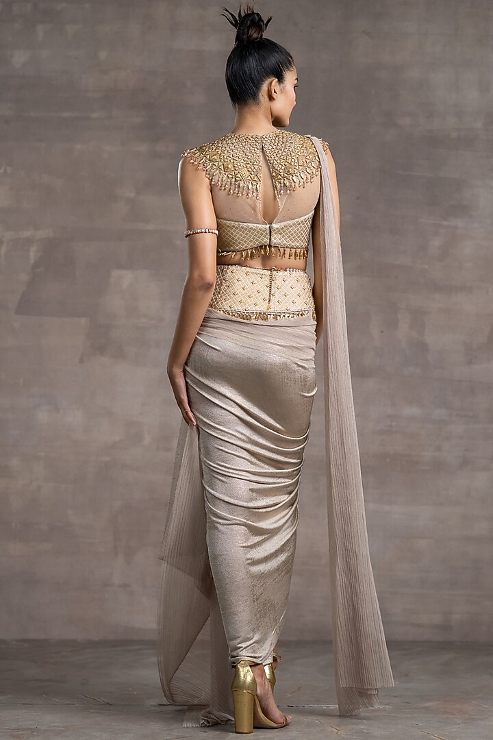 Champagne Gold Georgette Sequins Embroidered Draped Saree Set by Tarun ...
