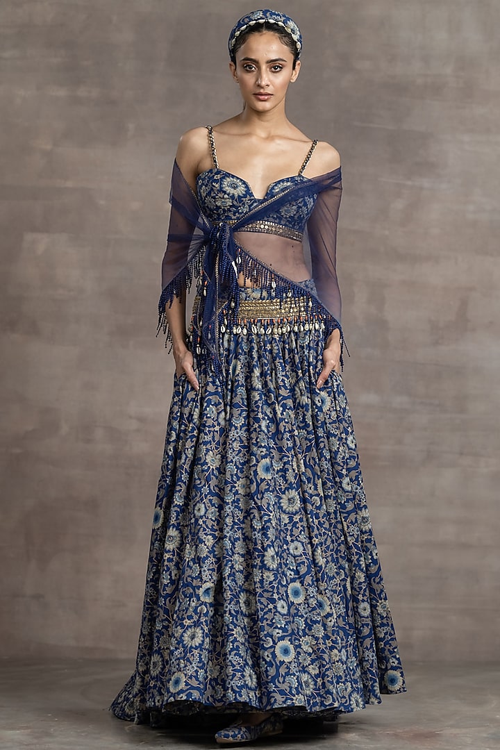 Blue Embroidered And Printed Lehenga Set Design By Tarun Tahiliani At