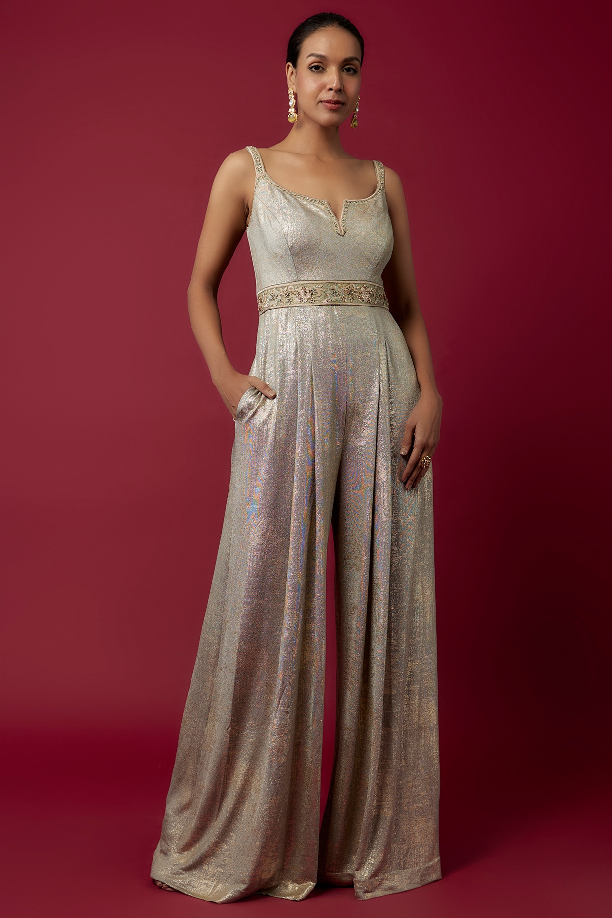 Silver Shimmer Jumpsuit by Tarun Tahiliani at Pernia's Pop Up Shop 2025