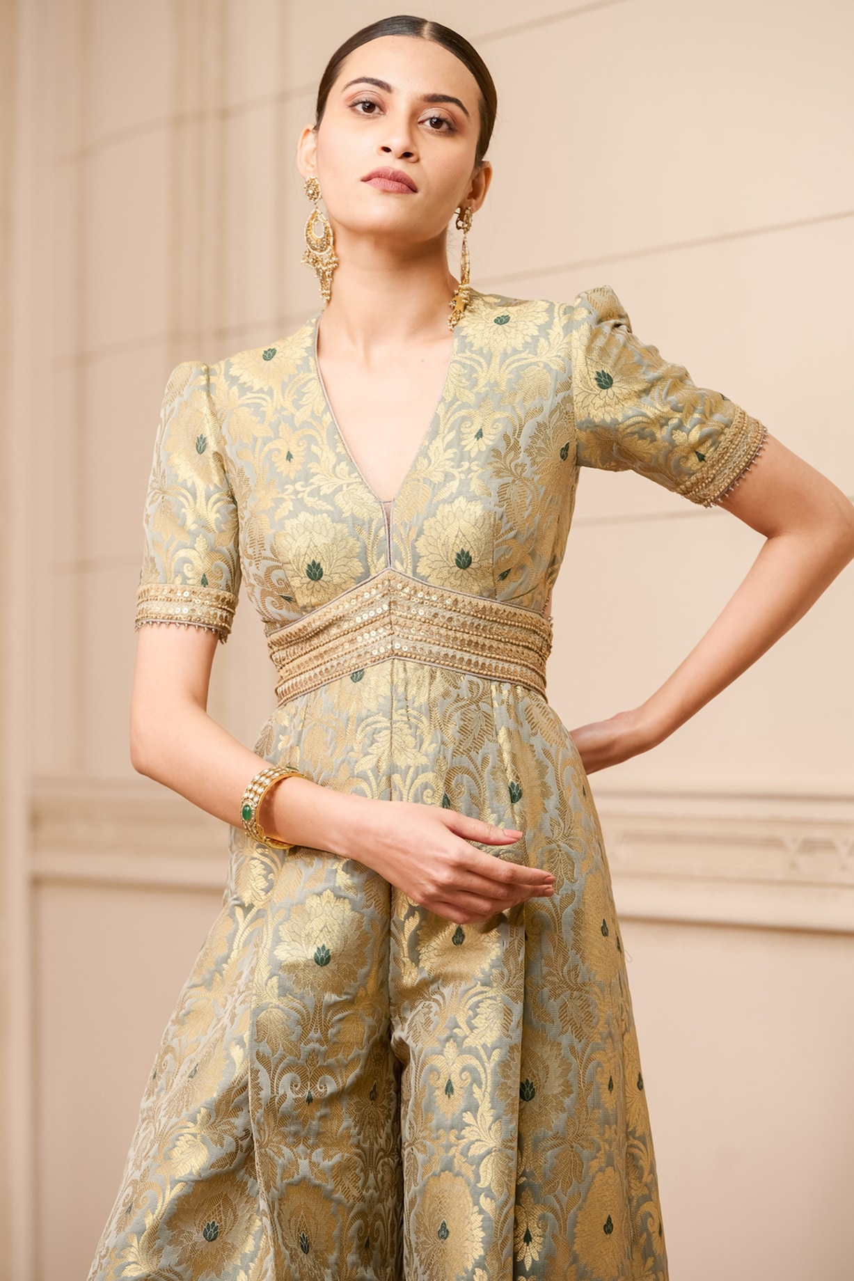 Oyster Brocade Jumpsuit by Tarun Tahiliani at Pernia's Pop Up Shop 2026