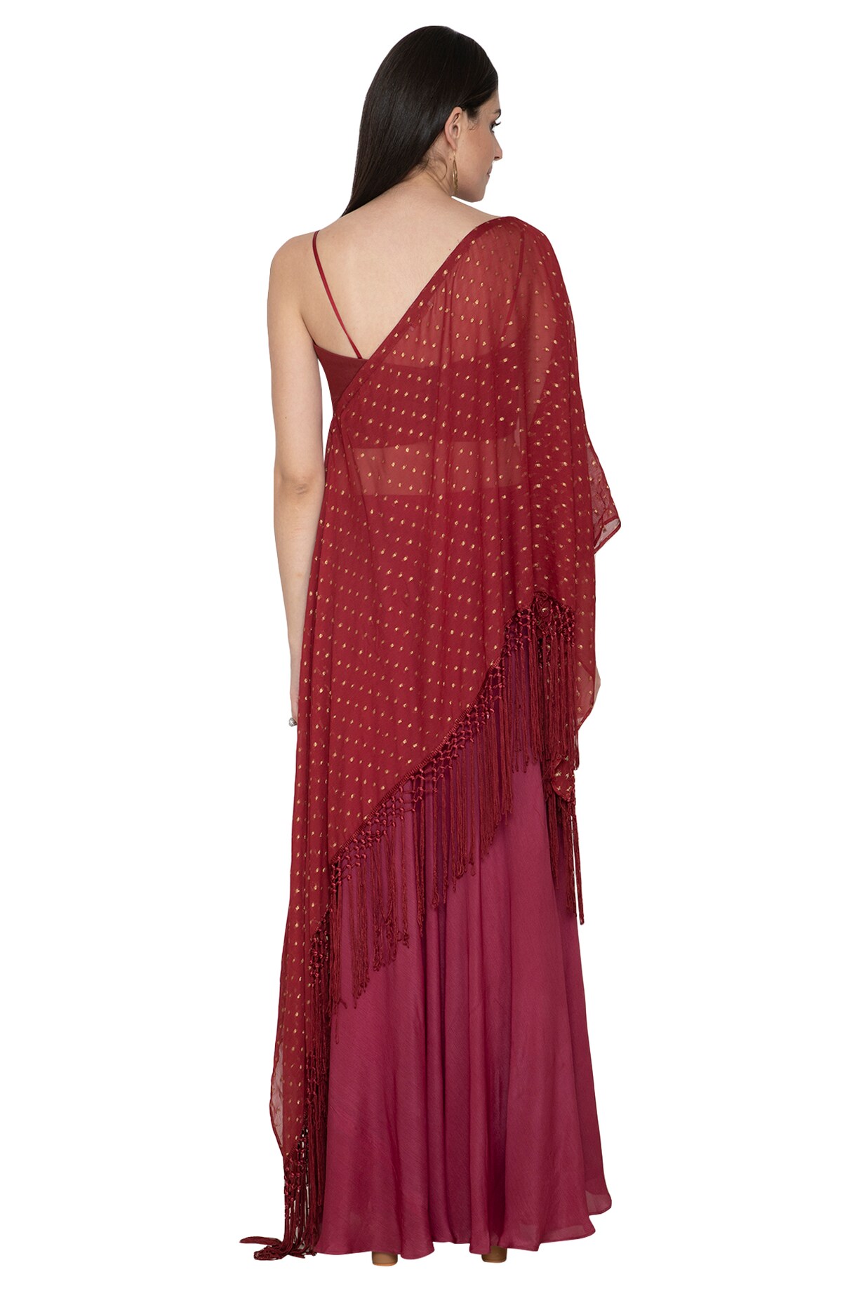 Red Asymmetrical Top With Skirt by Tara Thakur at Pernia's Pop Up Shop 2025