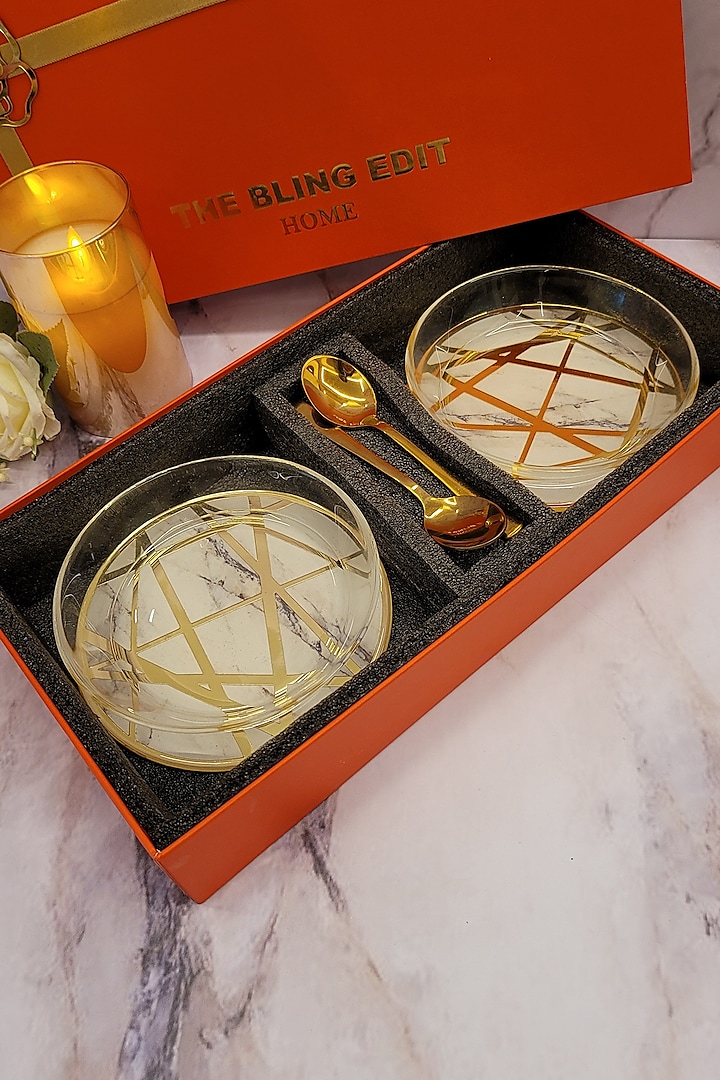 Dancing Lines White & Gold Marble Finish Bowl & Spoon Set by The Bling ...