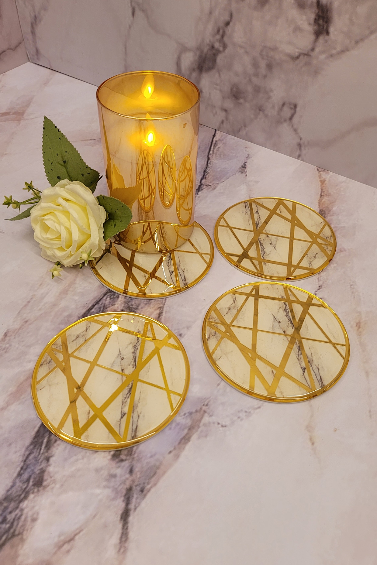 Dancing Lines White & Gold Marble Finish Coasters (Set of 4) by The ...