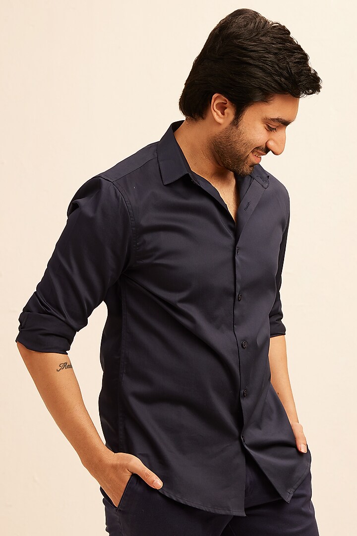 Buy The Bleu Label Navy Blue Satin Shirt at Pernia'sPopUpShopMen 2022