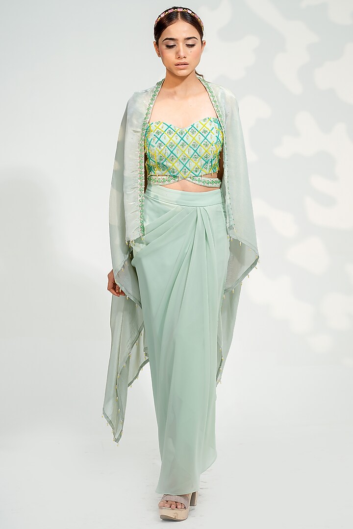 Mint Green Georgette & Shimmer Silk Cape Set Design by Tamaraa By ...