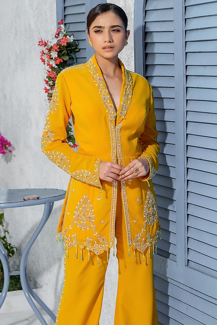 Yellow Georgette Hand Embroidered Jacket Set by Tamaraa By Tahani at ...