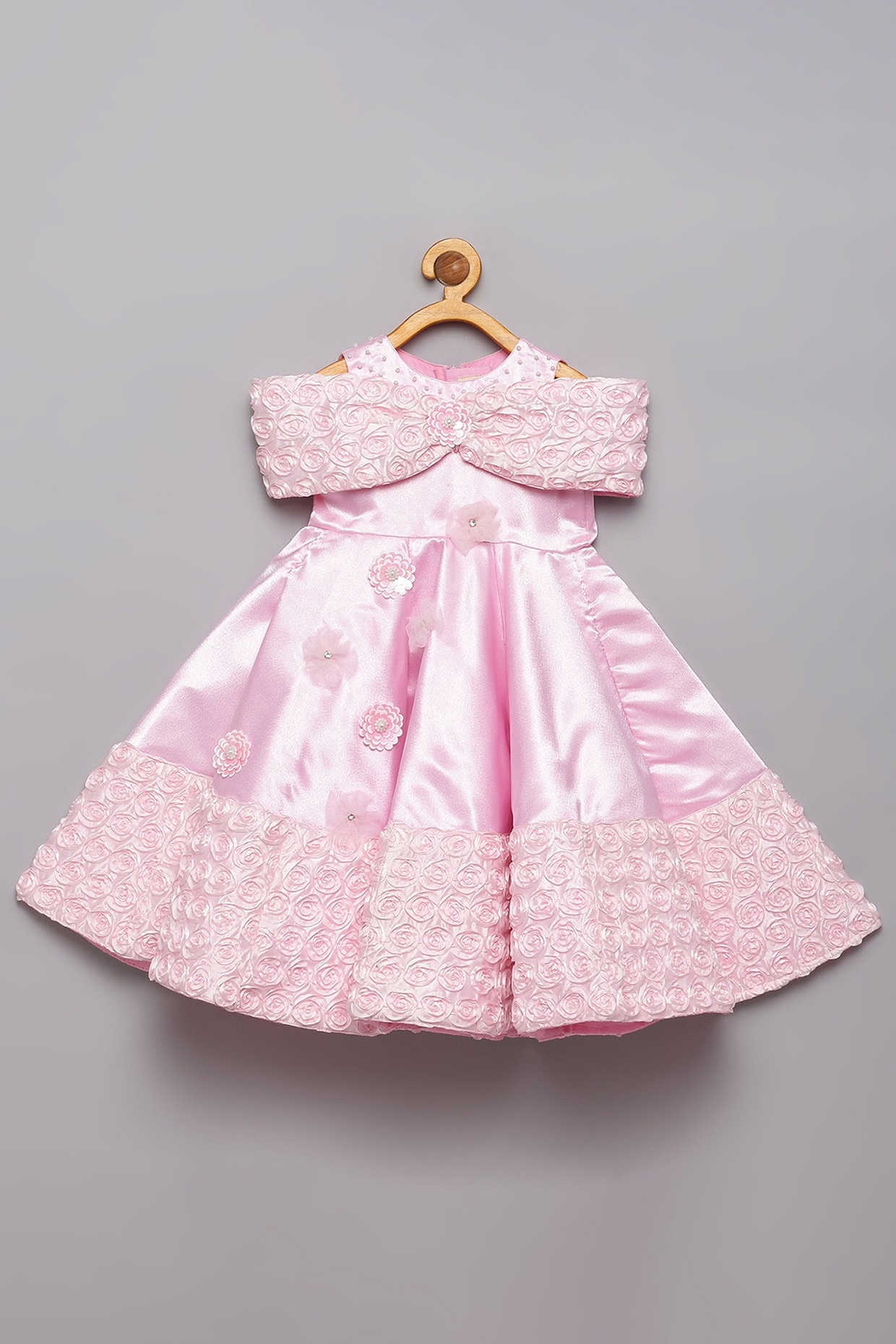 Pink Satin & Rose Fabric Off-Shoulder Structured Gown For Girls by ...