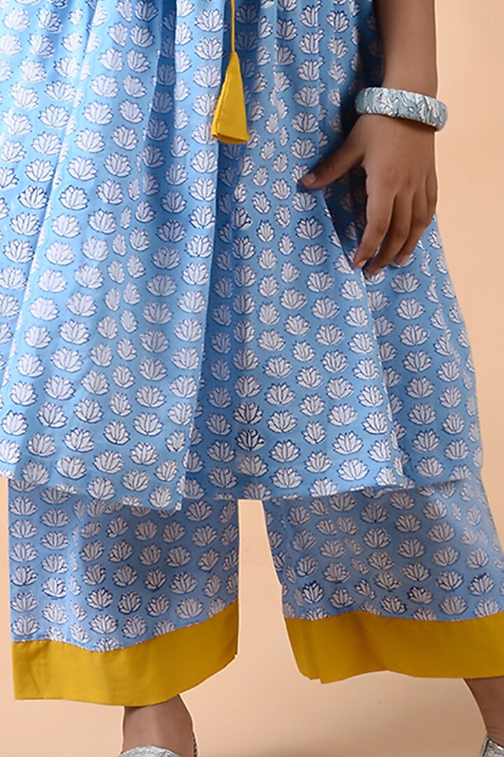 Pastel Blue Block Printed Kurta Set For Girls by THE COTTON STAPLE at ...