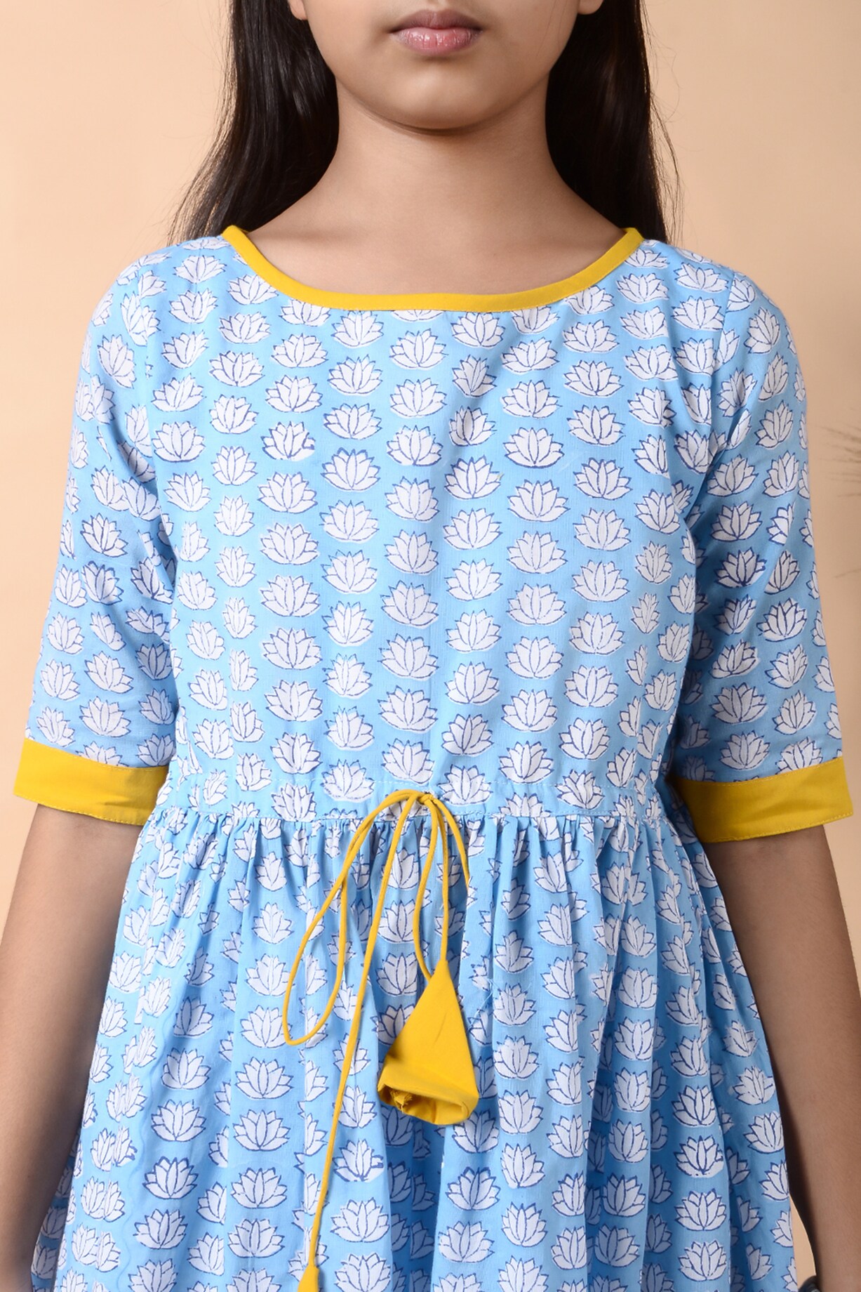 Pastel Blue Block Printed Kurta Set For Girls by THE COTTON STAPLE at ...