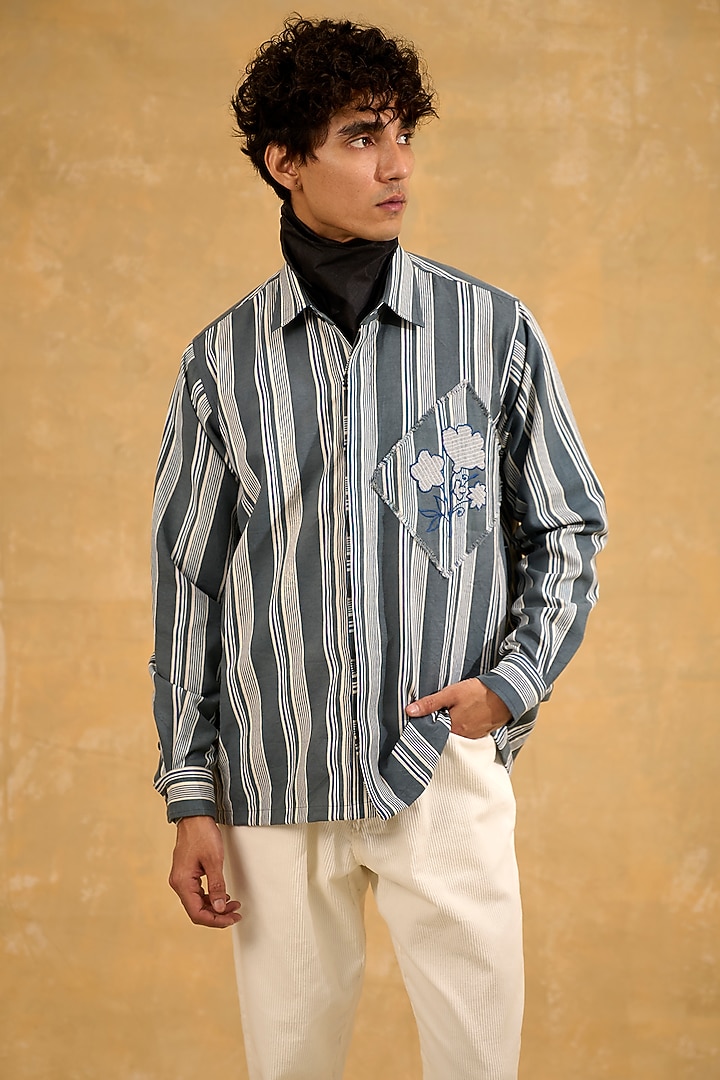 Grey Blended Cotton Handscreen Printed Shacket by The Culture at Pernia ...