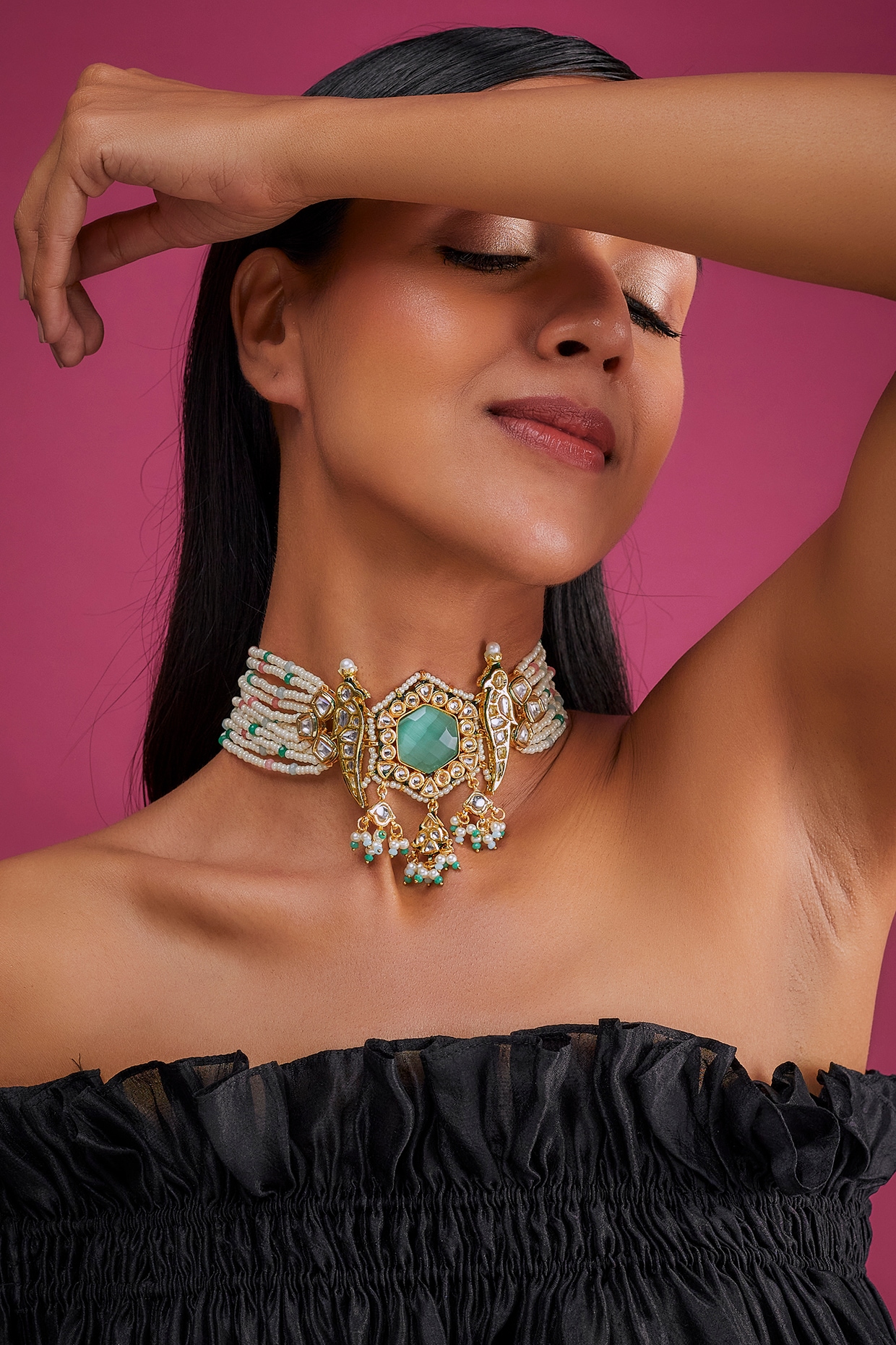 Gold Finish White Pearl & Imitation Polki Meenakari Choker Necklace by ...