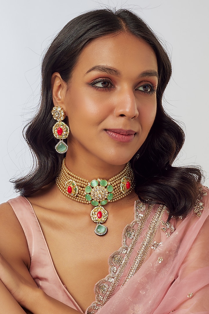 Gold Finish Kundan Polki & Semi-Precious Stone Choker Necklace Set by Tad Accessories at Pernia ...