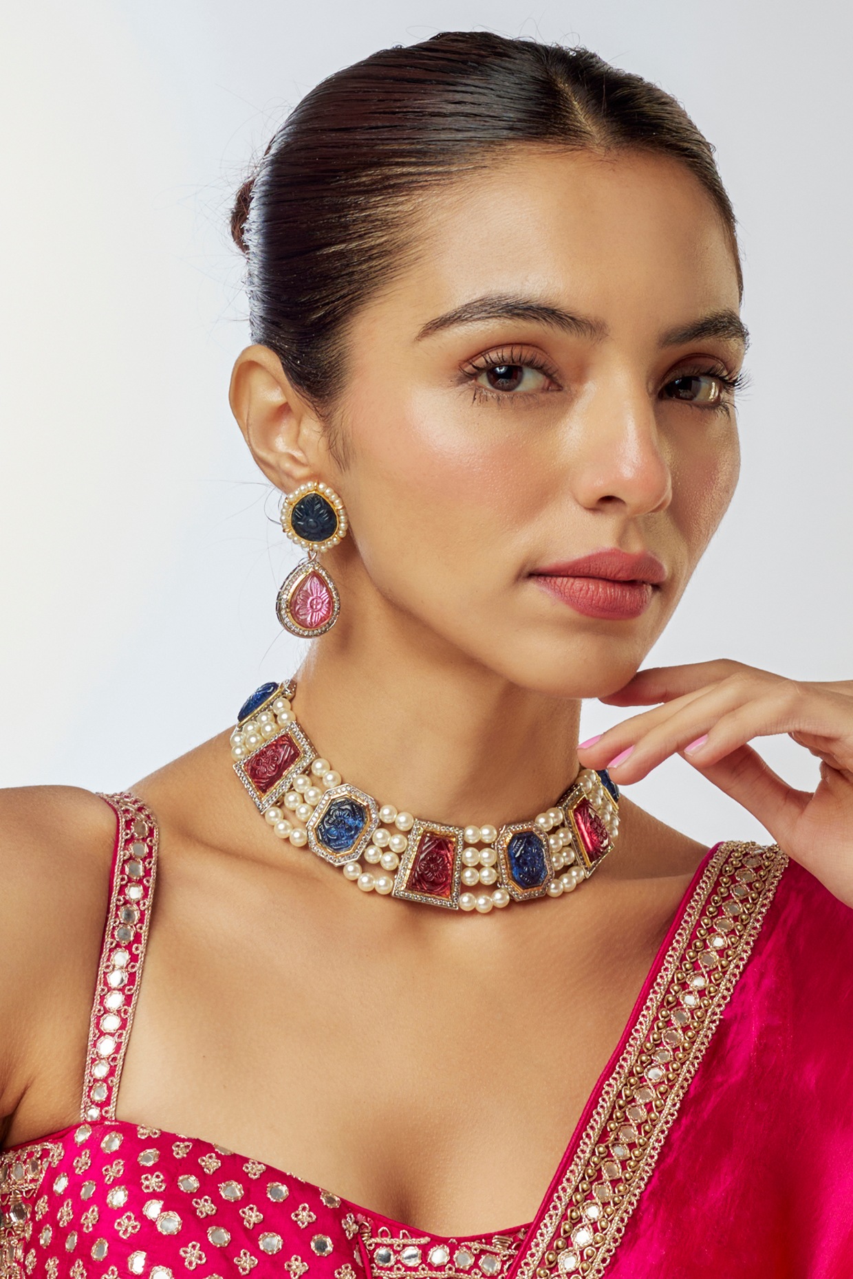 Gold Finish Kundan Polki & Semi-Precious Stone Necklace Set by Tad ...