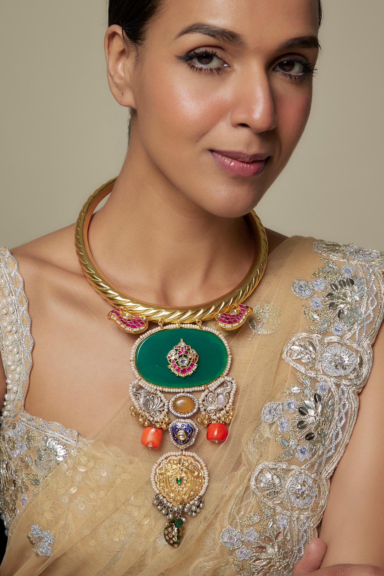 Gold Finish Green Kundan Polki & Semi-Precious Stone Necklace by Tad ...