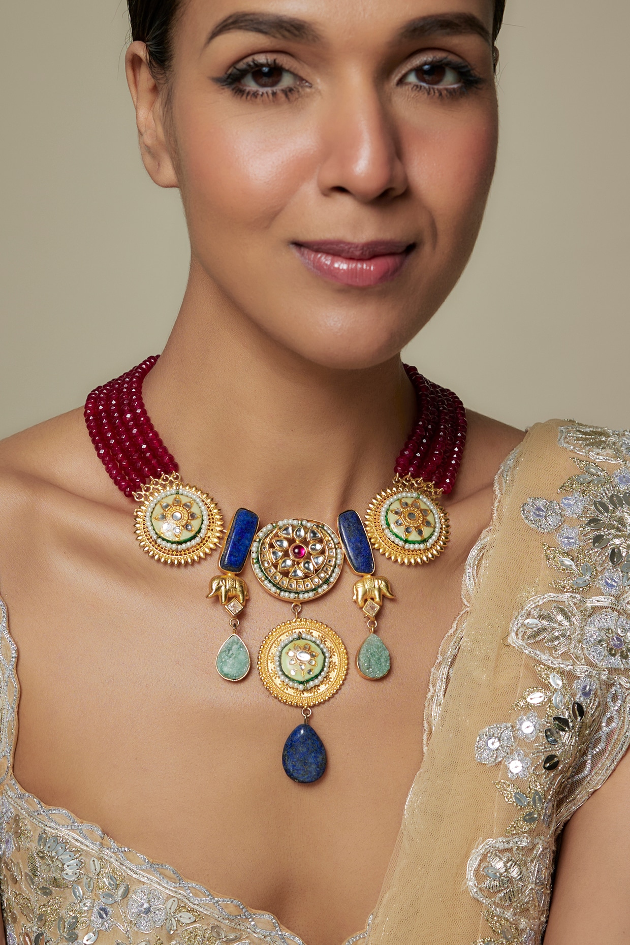 Gold Finish Red Kundan Polki & Semi-Precious Stone Necklace by Tad ...