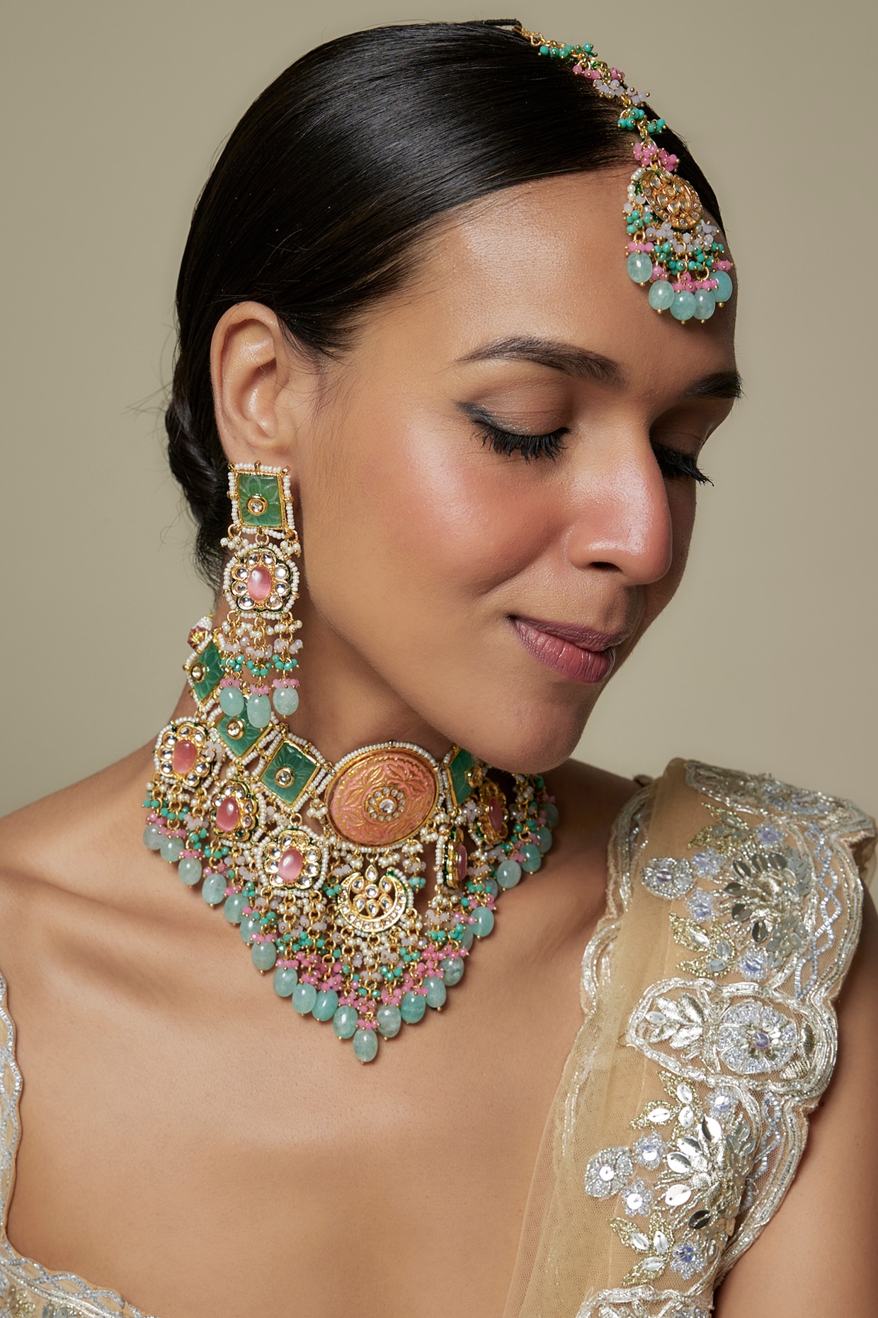 Gold Finish Multi-Colored Kundan Polki & Semi-Precious Stone Necklace ...