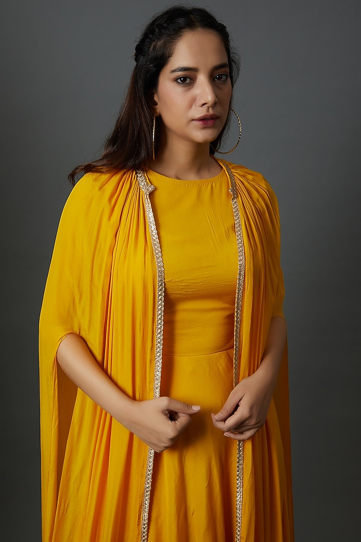 Yellow Crepe Hand Embroidered Layered Cape Set by 28 Threads at Pernia ...