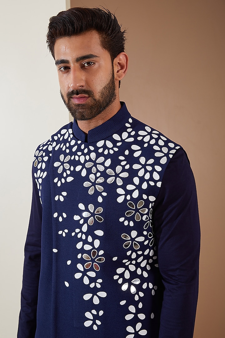 Blue Hosiery Laser-Cut Applique Embellished Nehru Jacket Set by THE ...