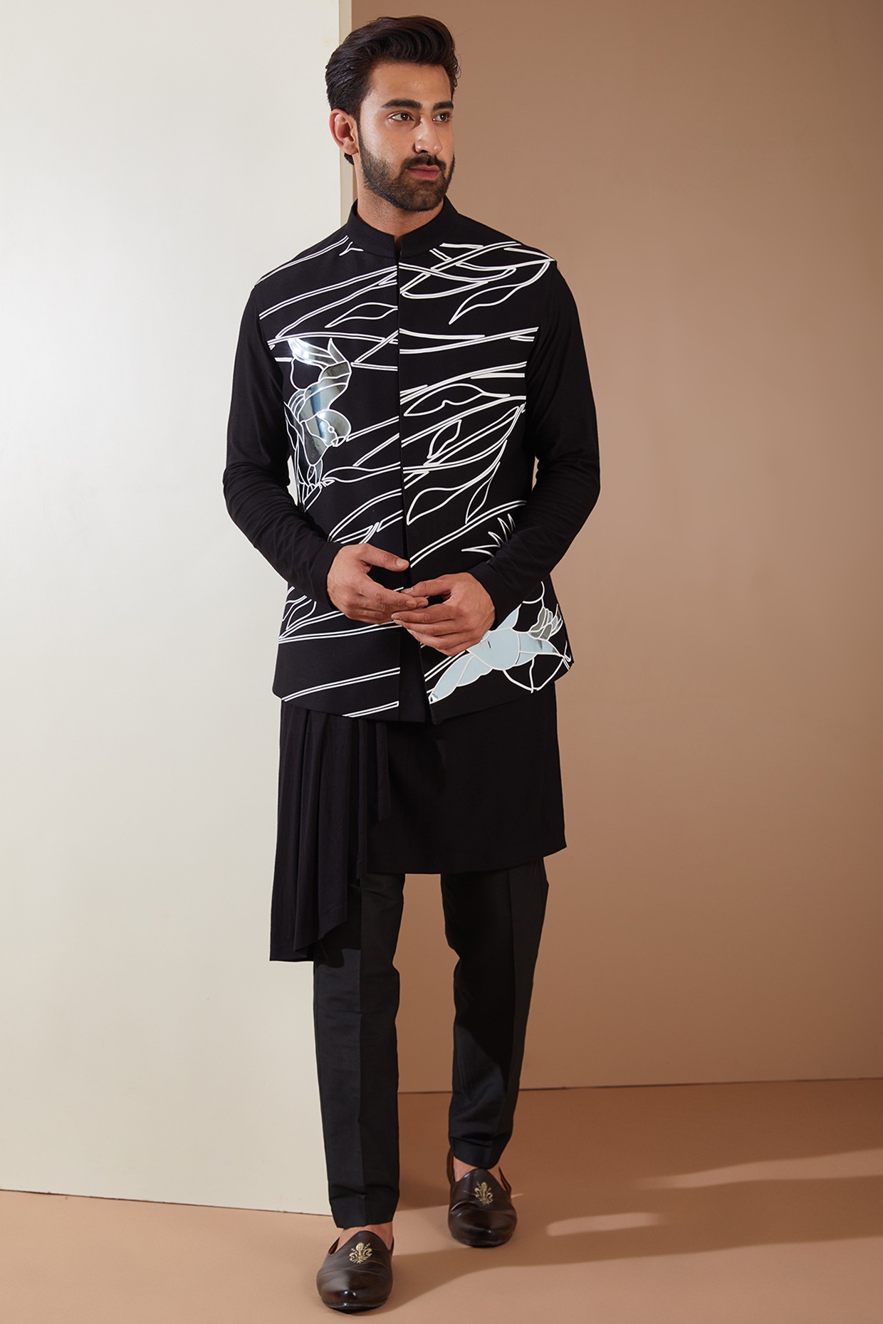 Black Hosiery Laser-Cut Applique Embellished Nehru Jacket Set by THE ...