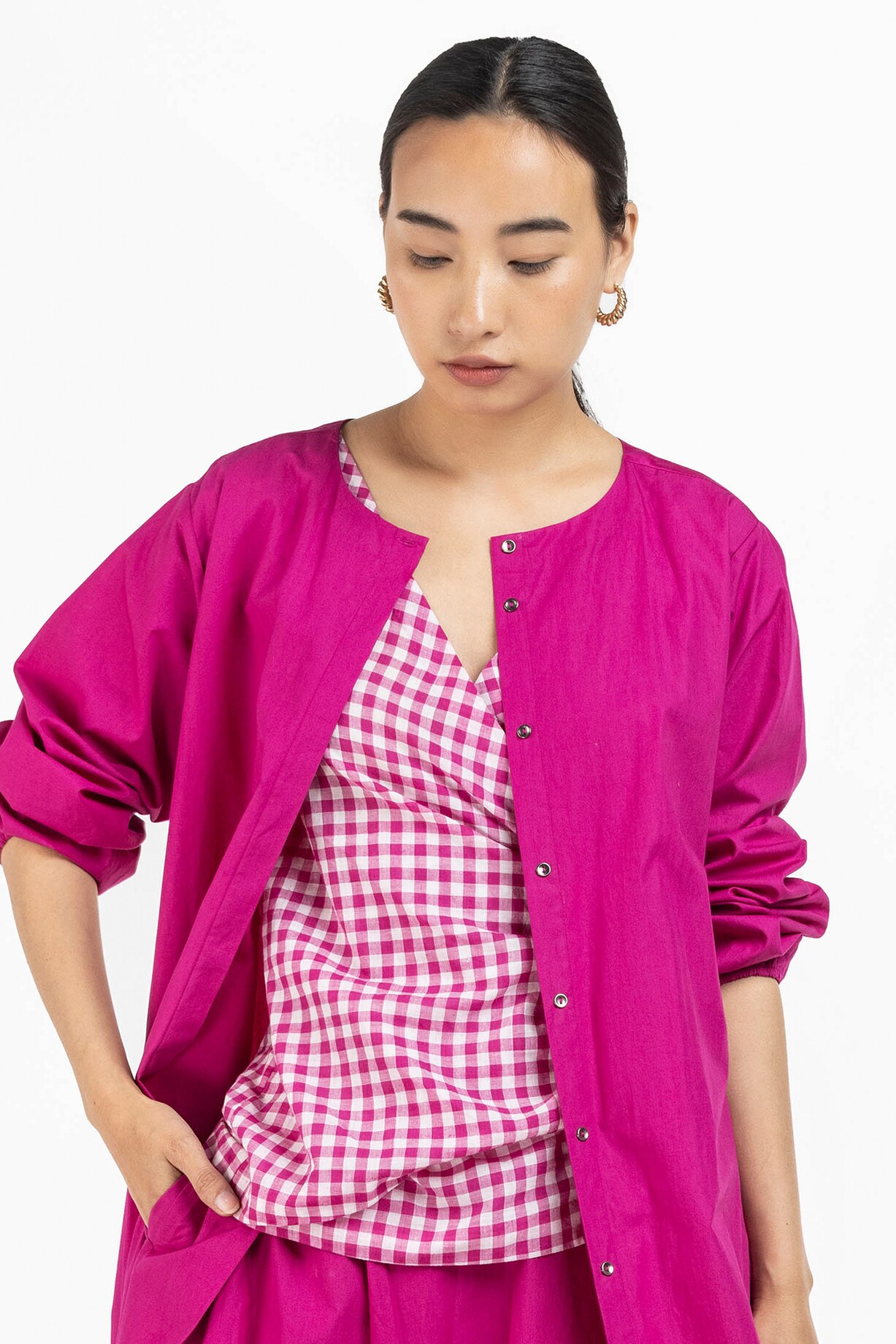 Hot Pink Poplin Jacket Set Design by Three at Pernia's Pop Up Shop 2024