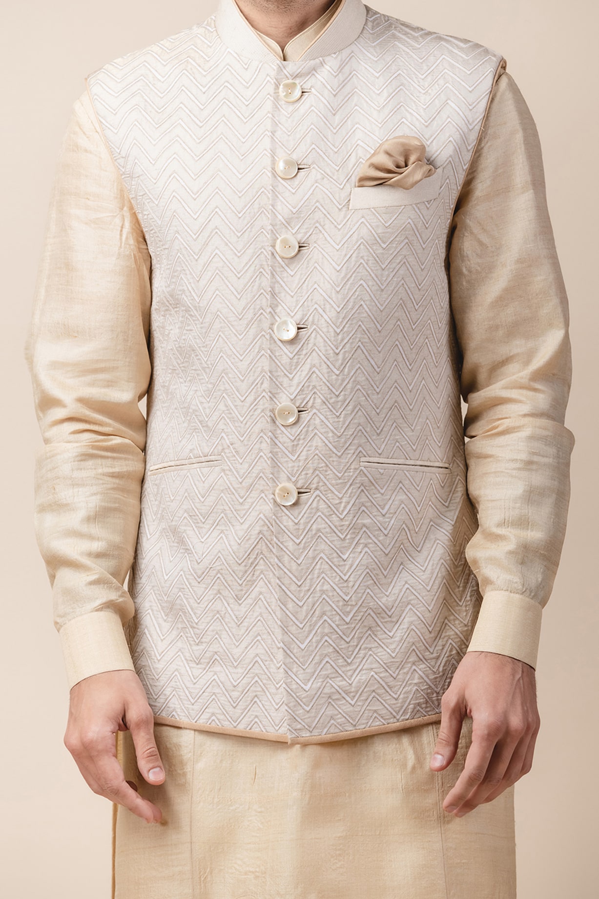 Ivory-Golden Boski Fabric Embroidered Bundi Jacket by Tarun Tahiliani ...