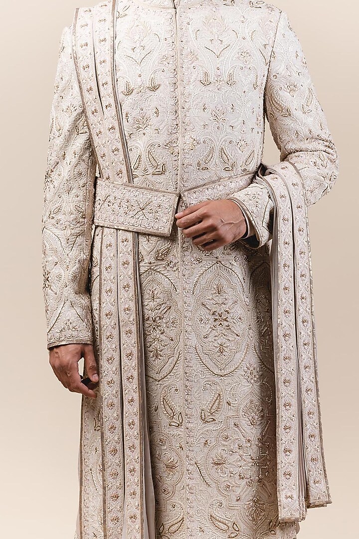 Ivory Embroidered Groom Sherwani Set With Safa by Tarun Tahiliani Men ...