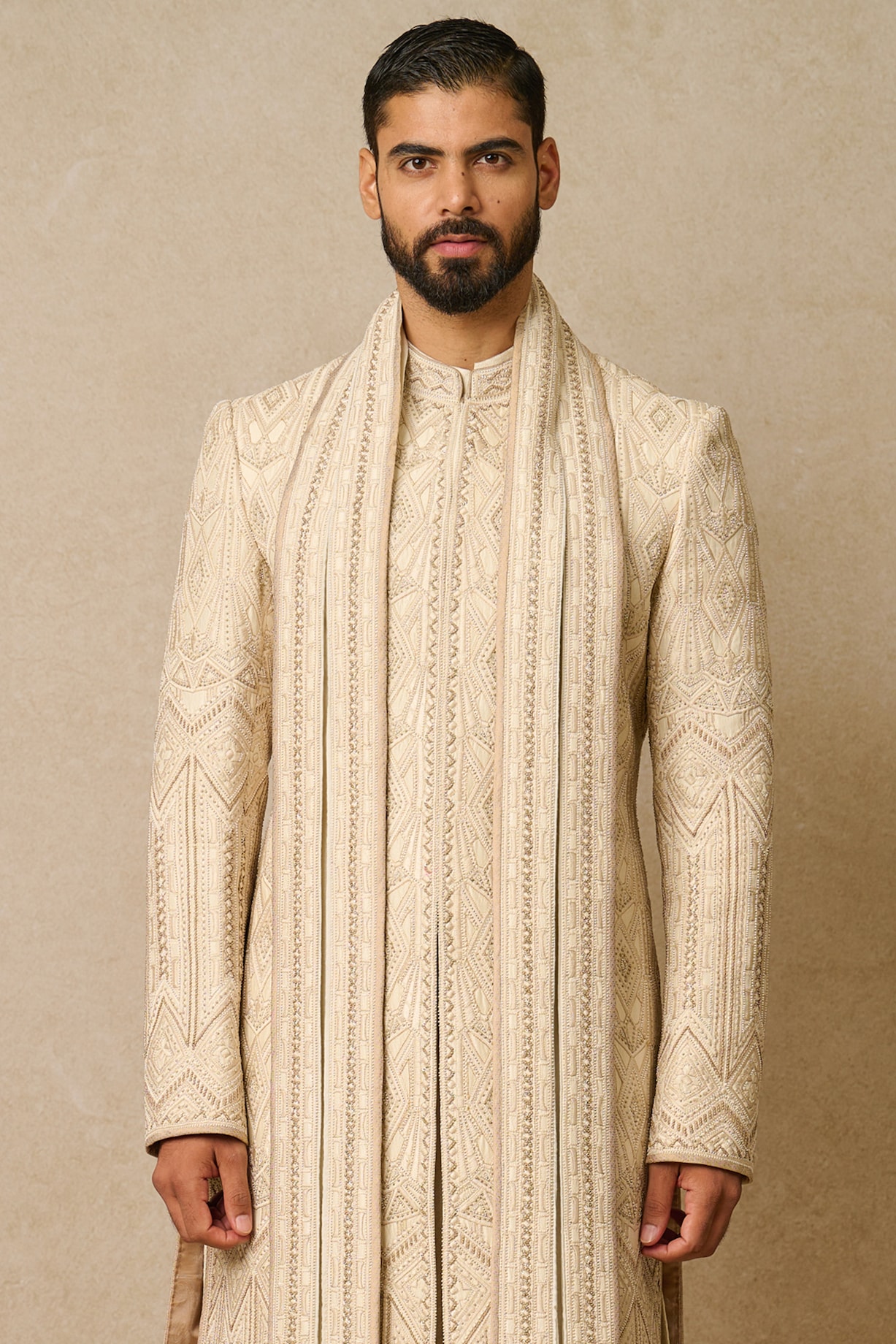 Ivory Raw Silk & Jacquard Embroidered Sherwani Set Design by Tarun ...