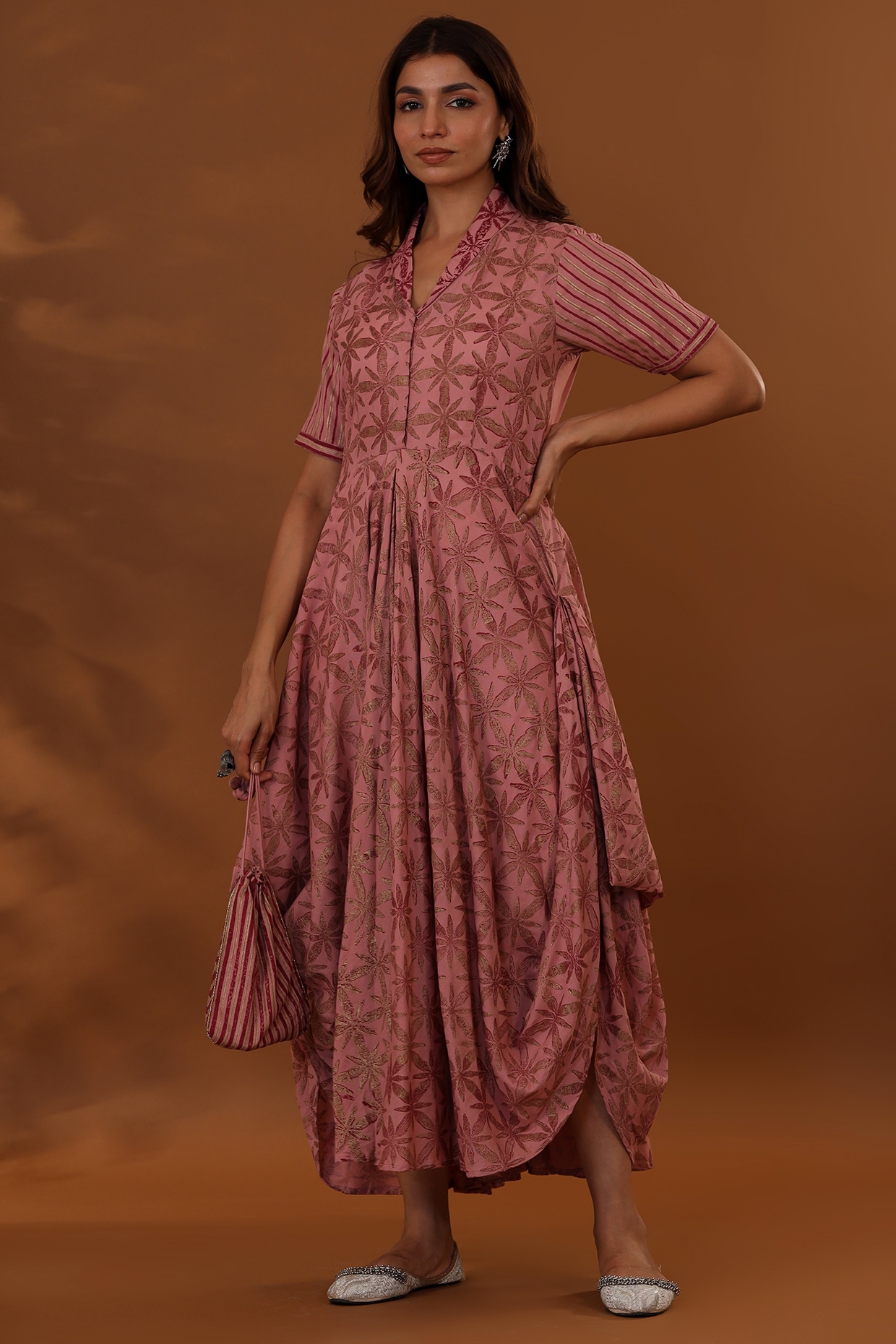 Pink Handloom Cotton Hand Block Printed Draped Choga Dress With Potli ...