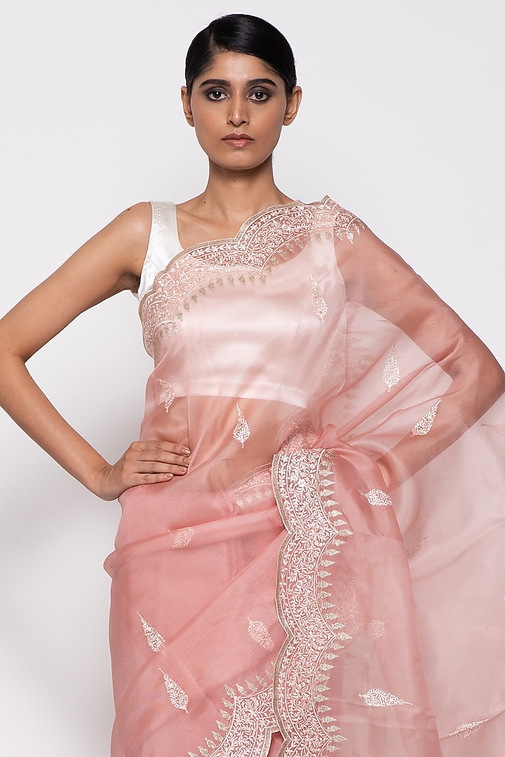 Peach Pure Organza Silk Boota Embroidered Handwoven Saree Set Design by ...