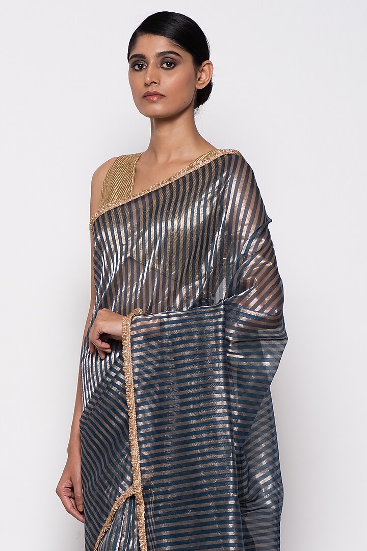 Midnight Blue Chanderi Silk Tissue Handwoven Saree by THE WEAVES at ...