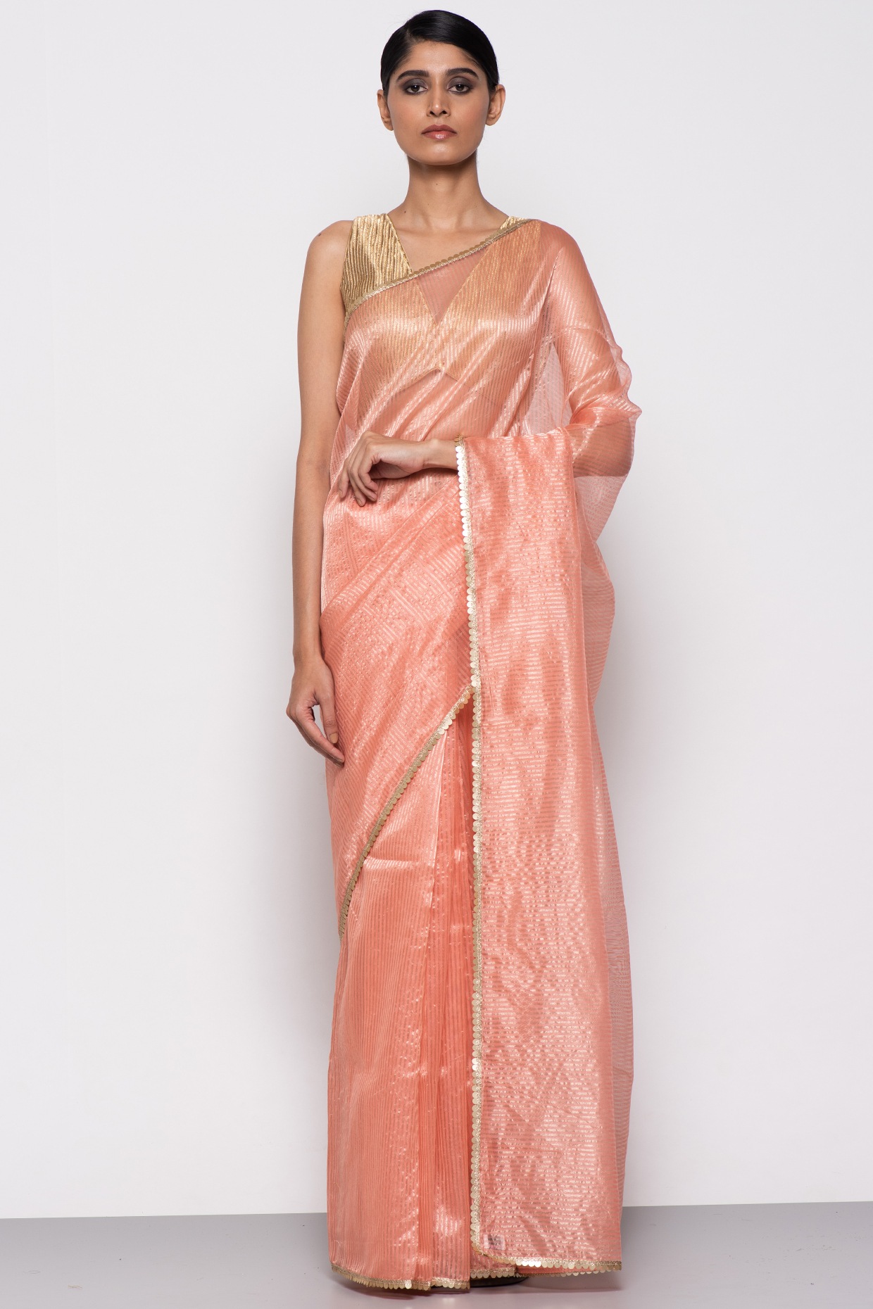 Peach Chanderi Silk Tissue Handwoven Saree by THE WEAVES at Pernia's ...