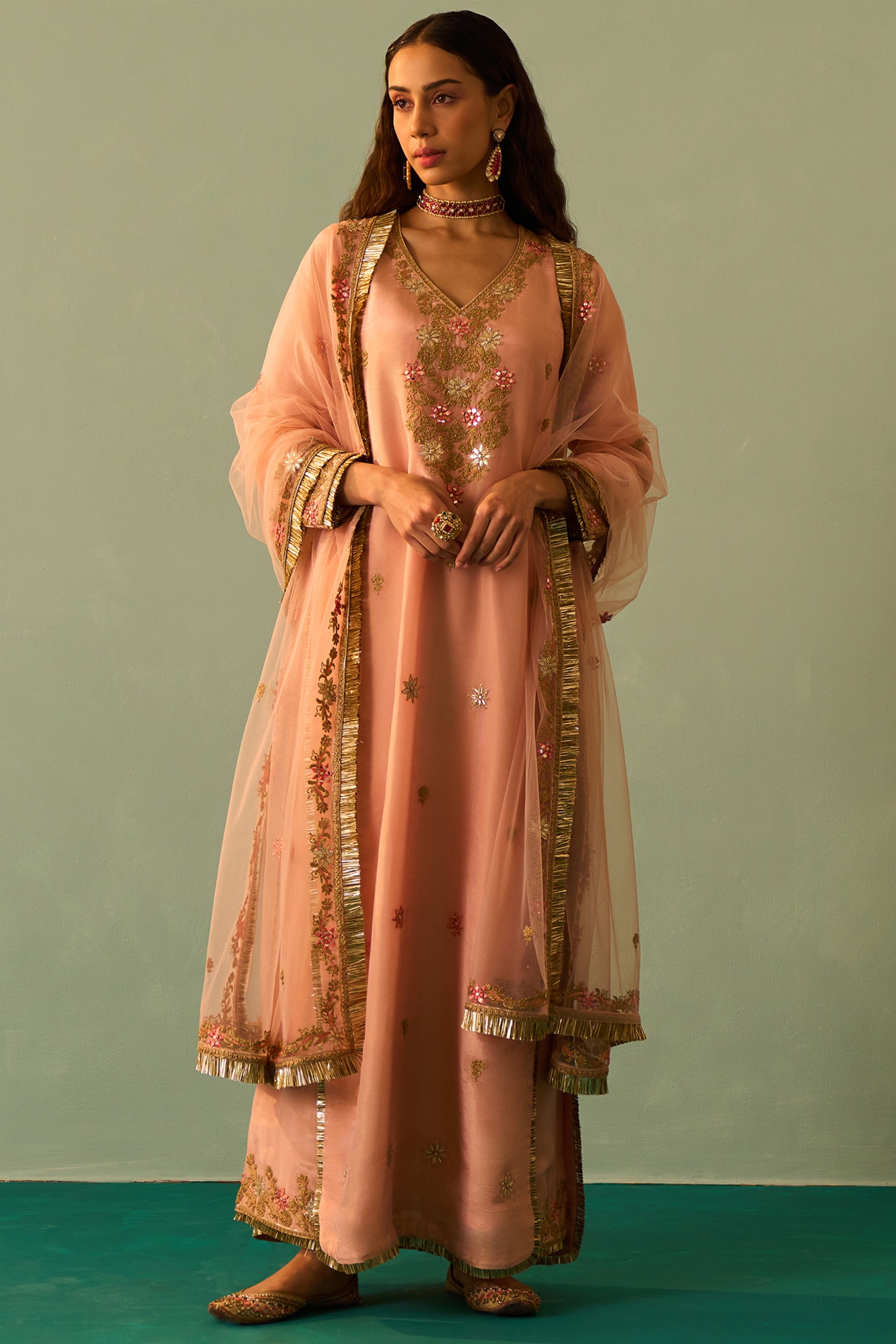 Peach Tissue Embroidered Choga Set by Angad Singh at Pernia's Pop Up ...