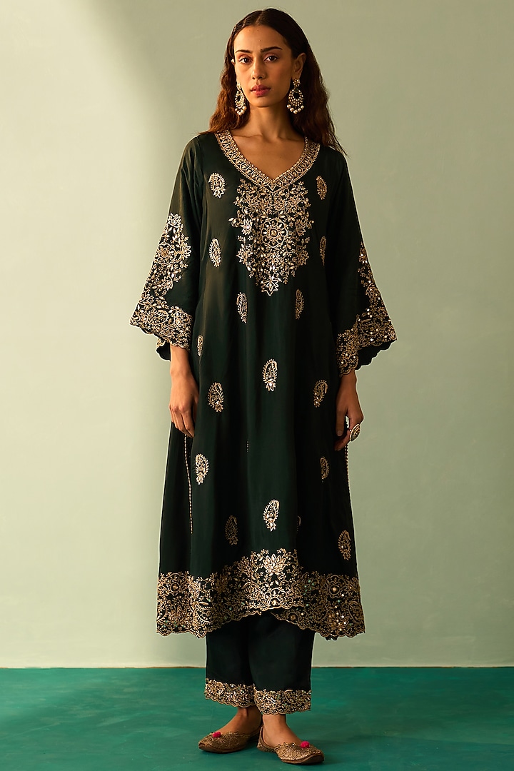 Green Silk Embroidered Choga Set by Angad Singh at Pernia's Pop Up Shop ...