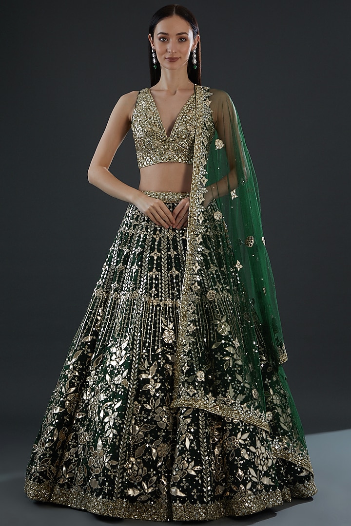 Emerald Green Organza Embroidered Wedding Lehenga Set by Angad Singh at ...