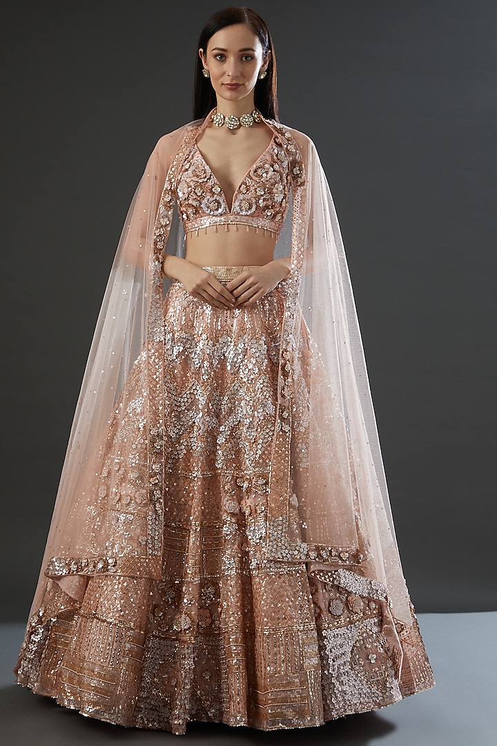Nude Organza Embroidered Bridal Lehenga Set By Angad Singh At Pernias