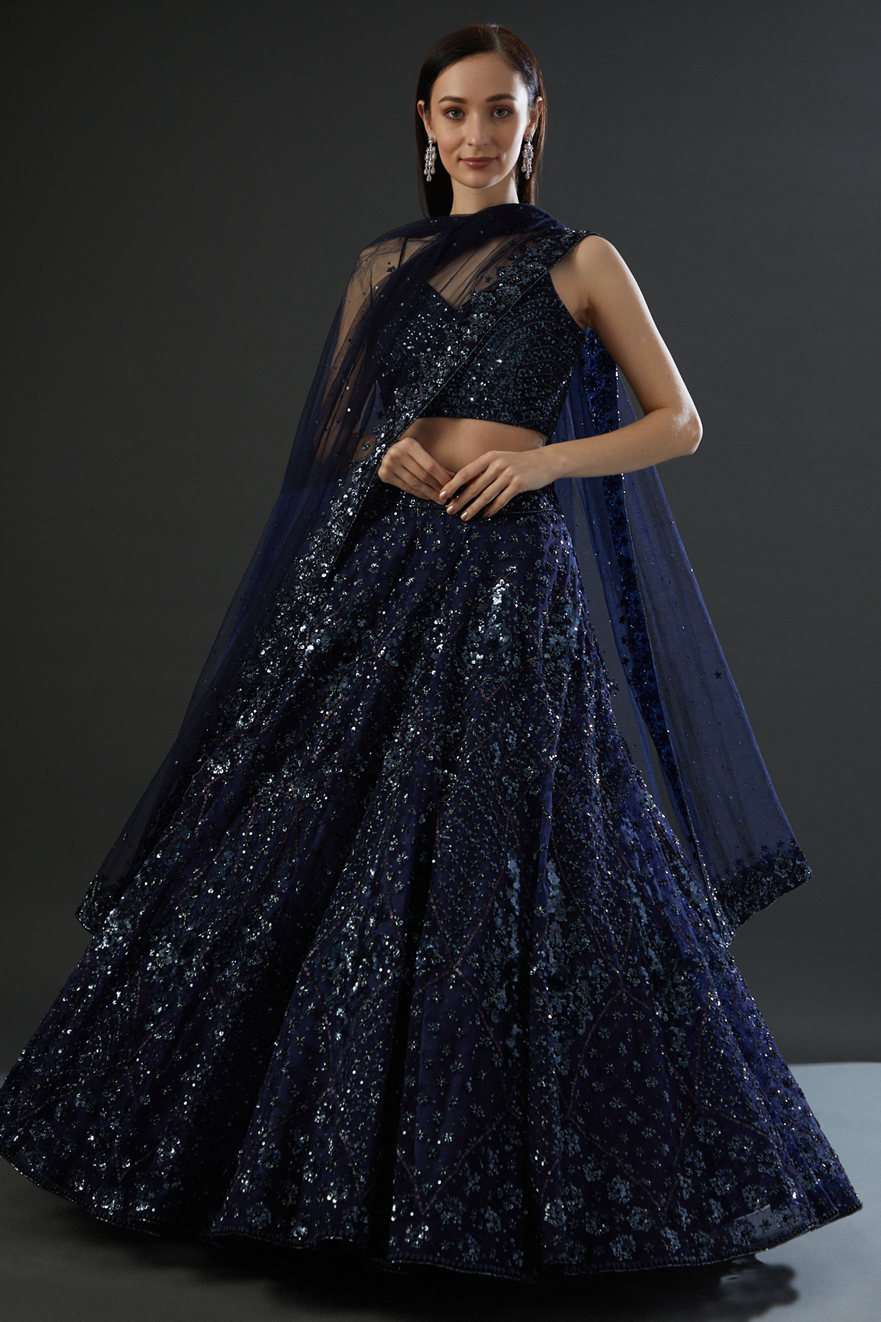 Midnight Blue Organza Embroidered Wedding Lehenga Set By Angad Singh At