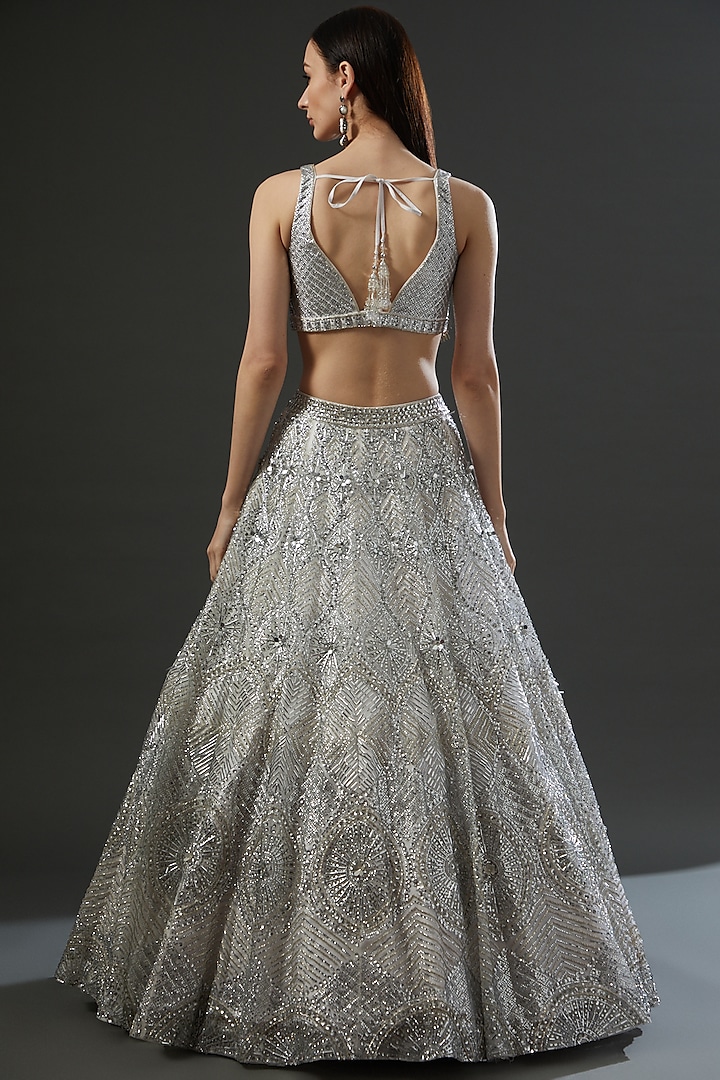 Steel Grey Organza Embroidered Bridal Lehenga Set By Angad Singh At