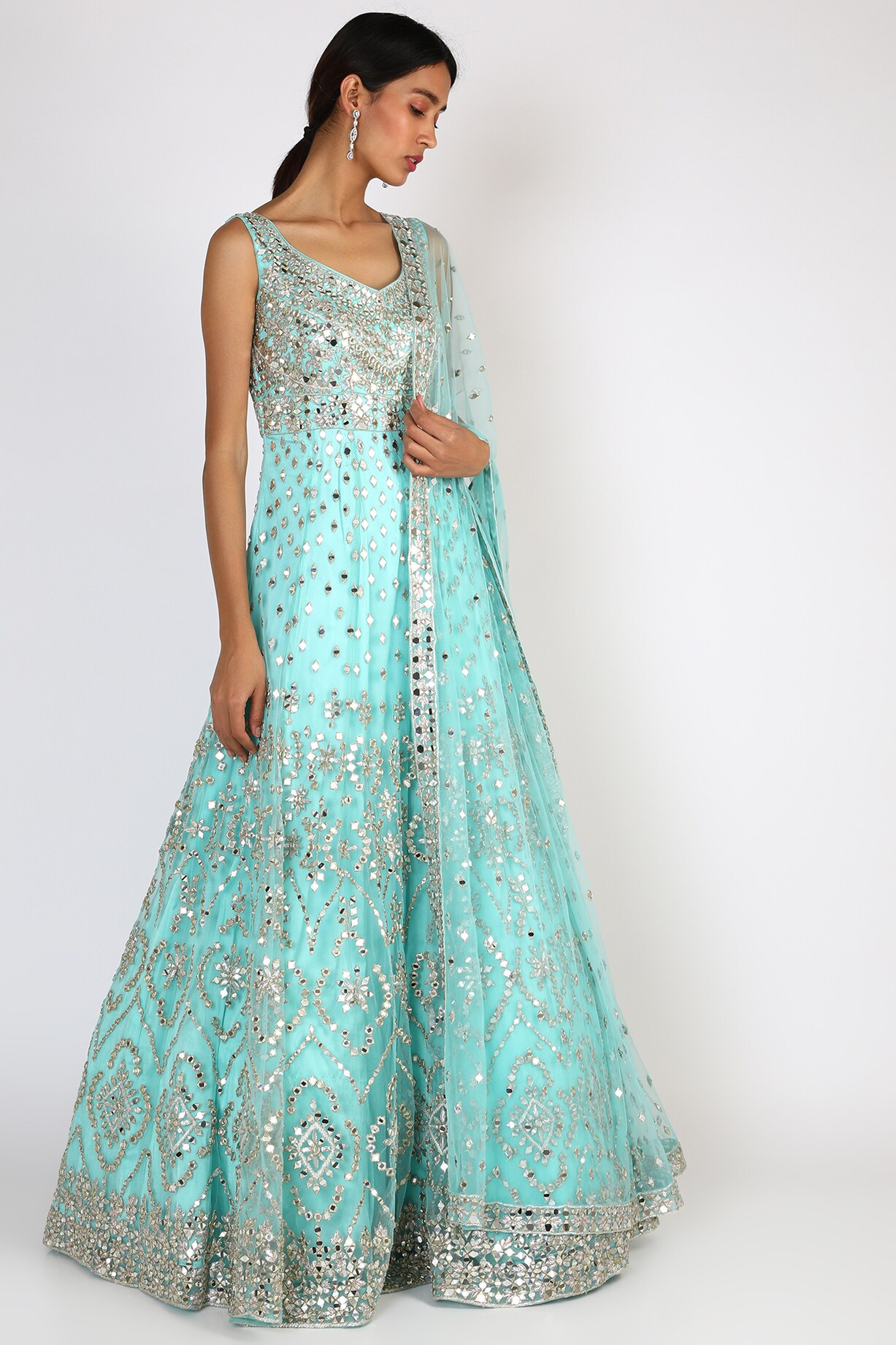 Firozi Blue Embroidered Gown With Dupatta Design by Angad Singh at ...