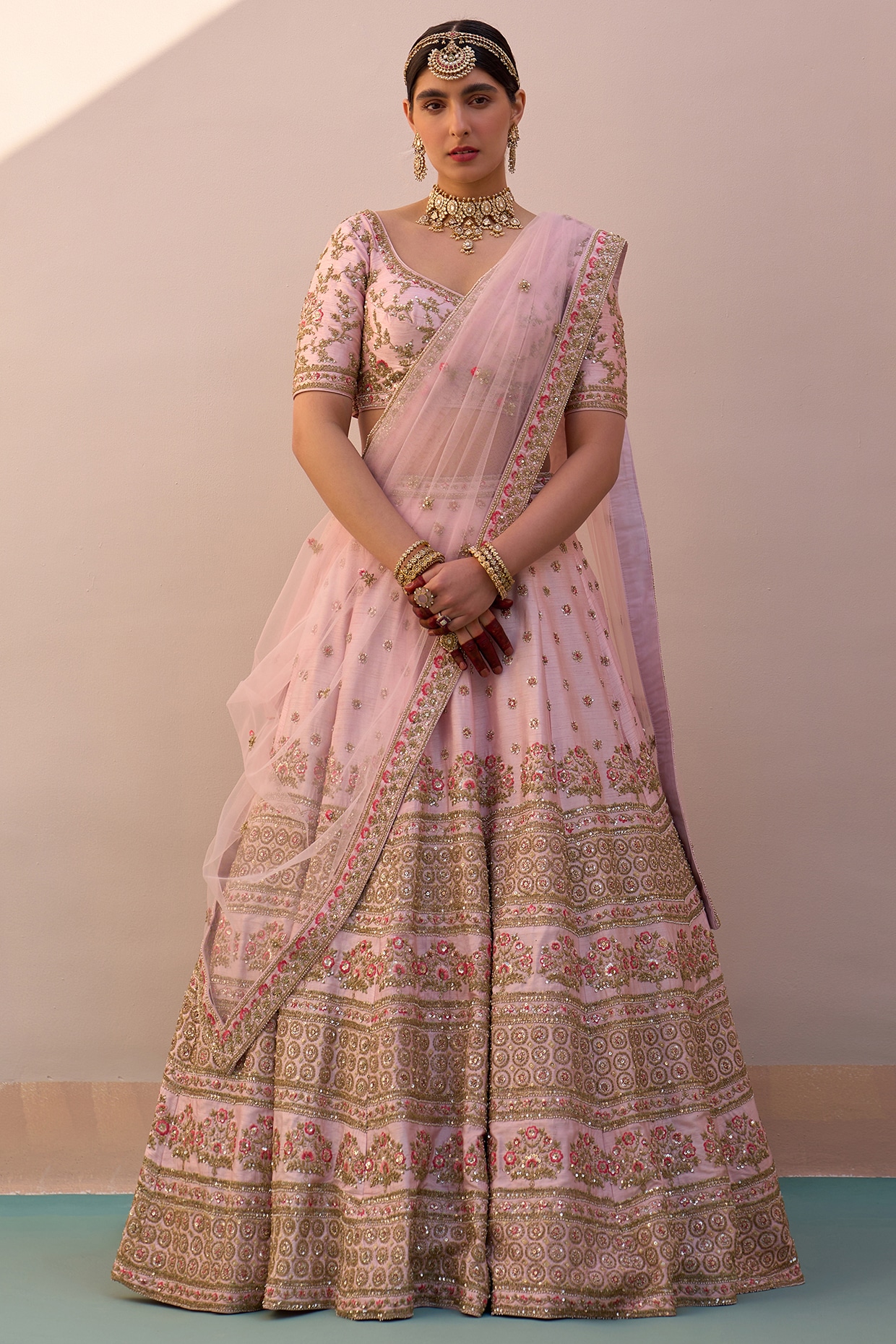 Blush Pink Raw Silk zardosi Embroidered Wedding Lehenga Set by Angad ...
