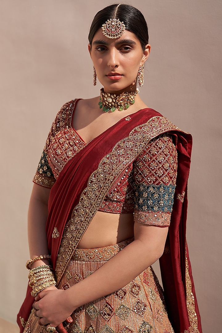 Nude Raw Silk Applique Embroidered Bridal Lehenga Set By Angad Singh At