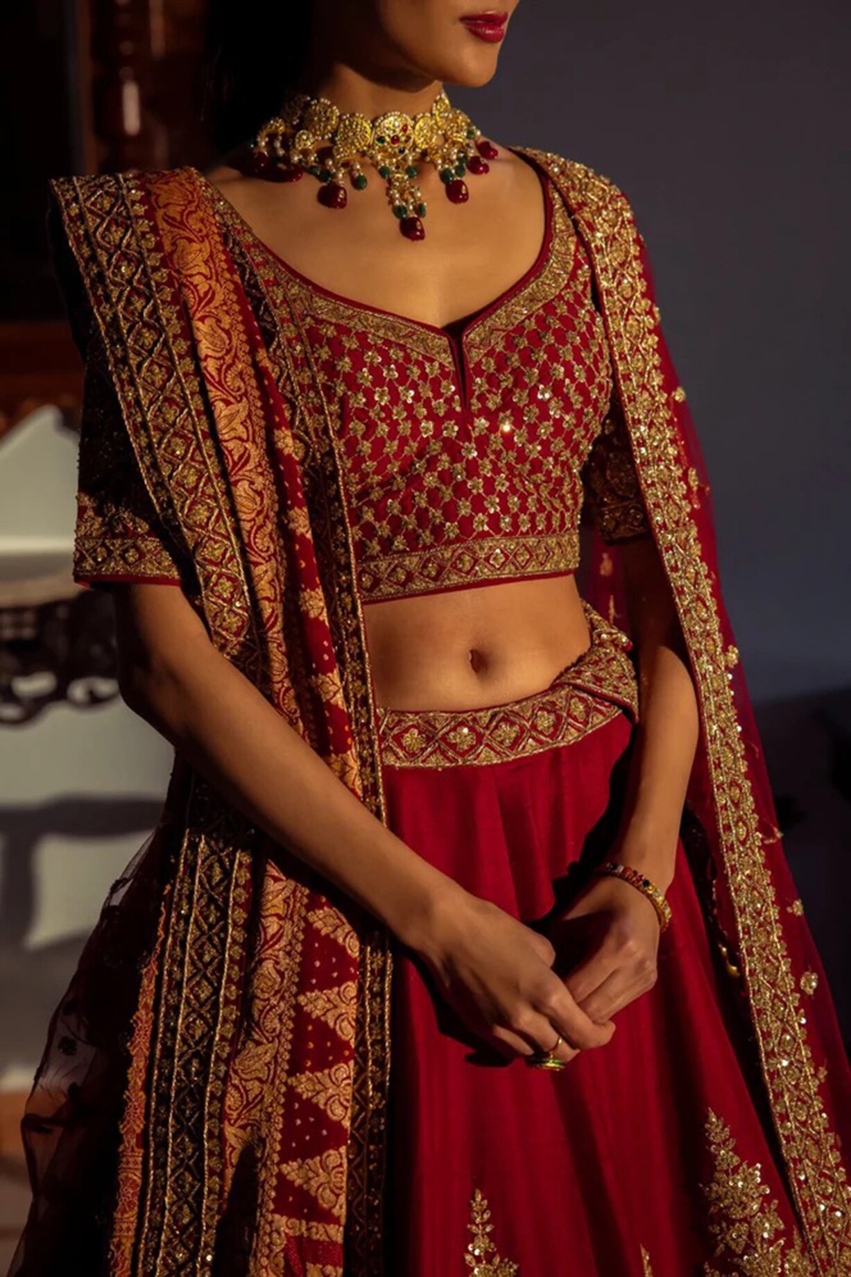 Deep Red Raw Silk Zardosi Embellished Wedding Lehenga Set by Angad ...