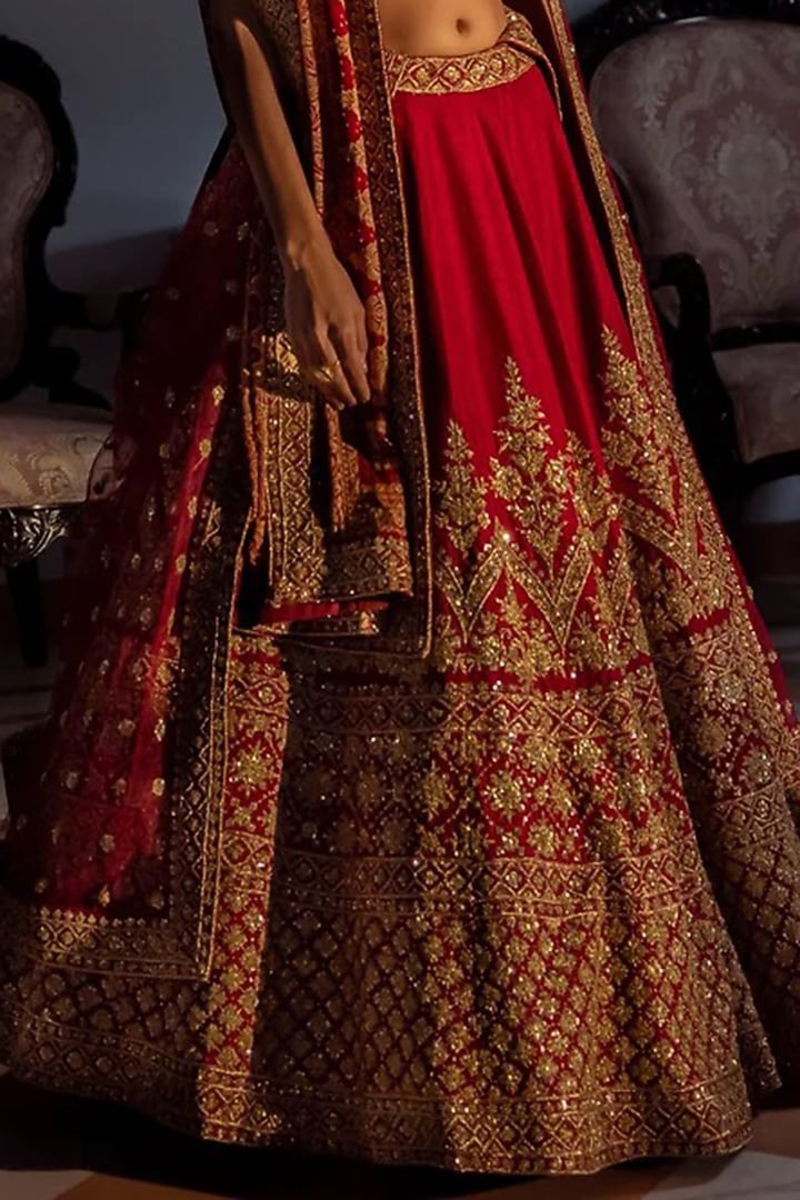 Deep Red Raw Silk Zardosi Embellished Wedding Lehenga Set by Angad ...
