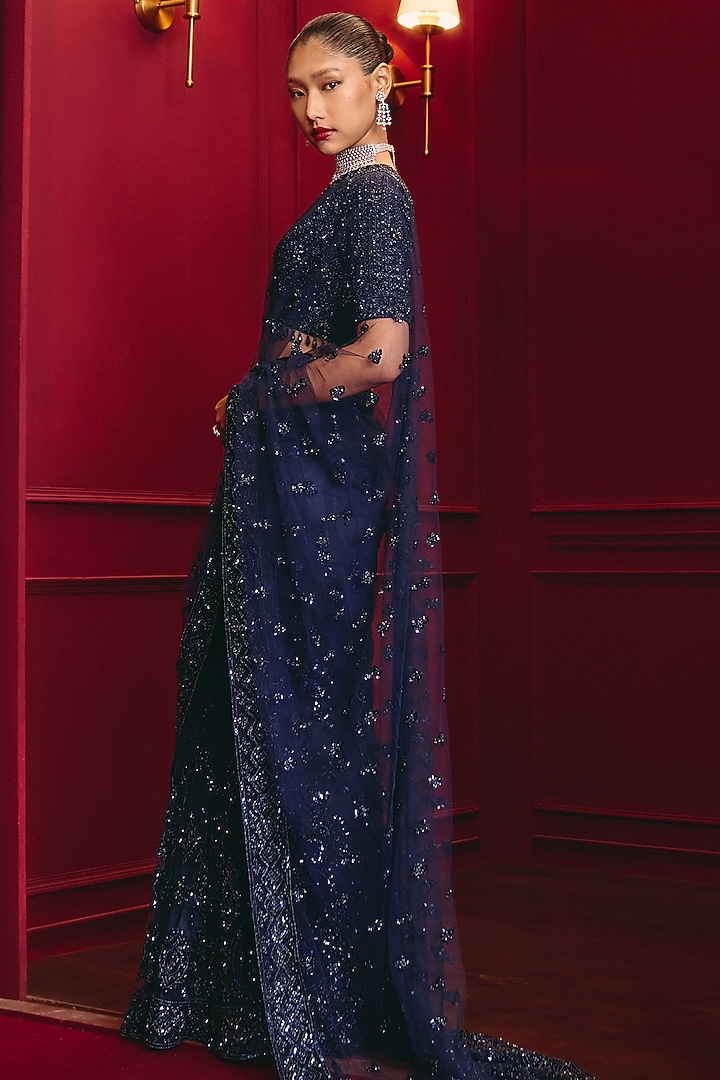 Midnight Blue Net Embroidered Reception Saree Set by Angad Singh at ...